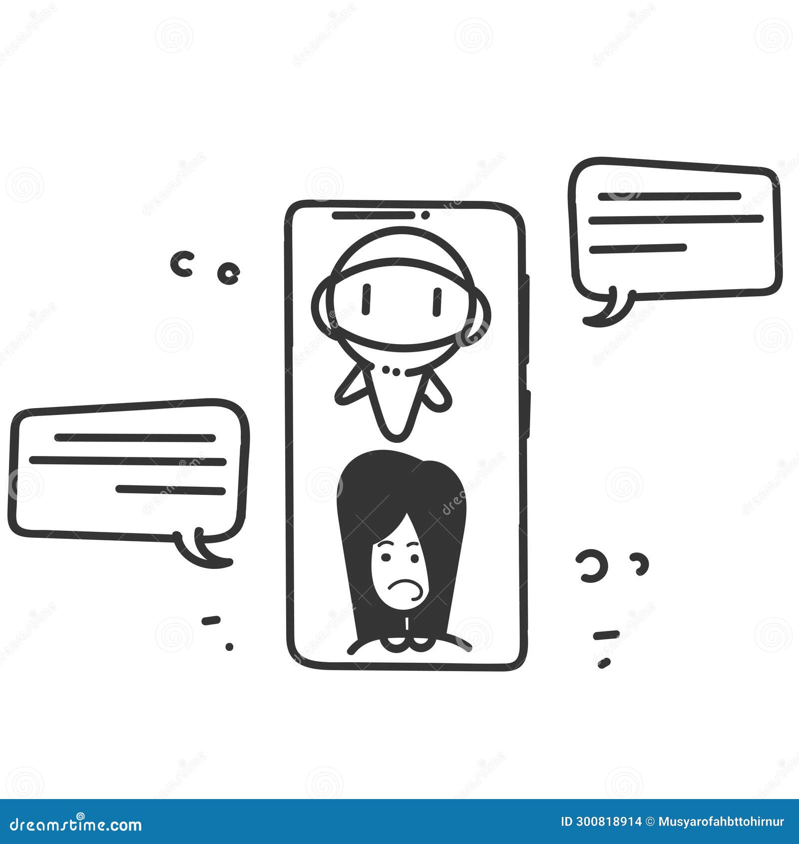 Hand Drawn Doodle Person Talk with Chat Bot on Mobile Phone Stock ...