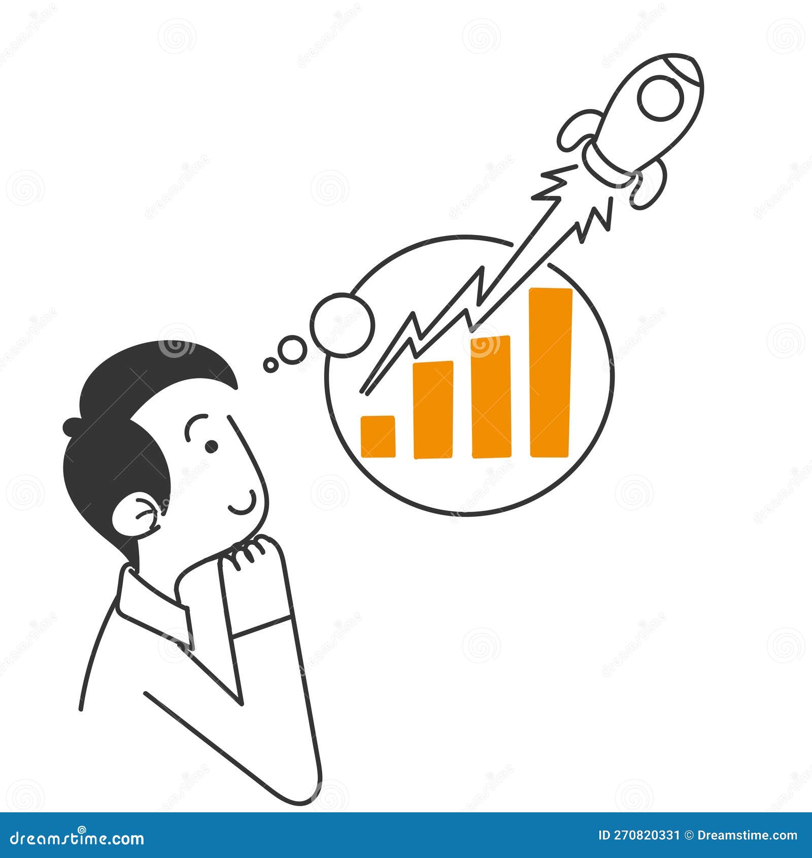 Hand Drawn Doodle Person Think about Rising Up Graph Rocket ...
