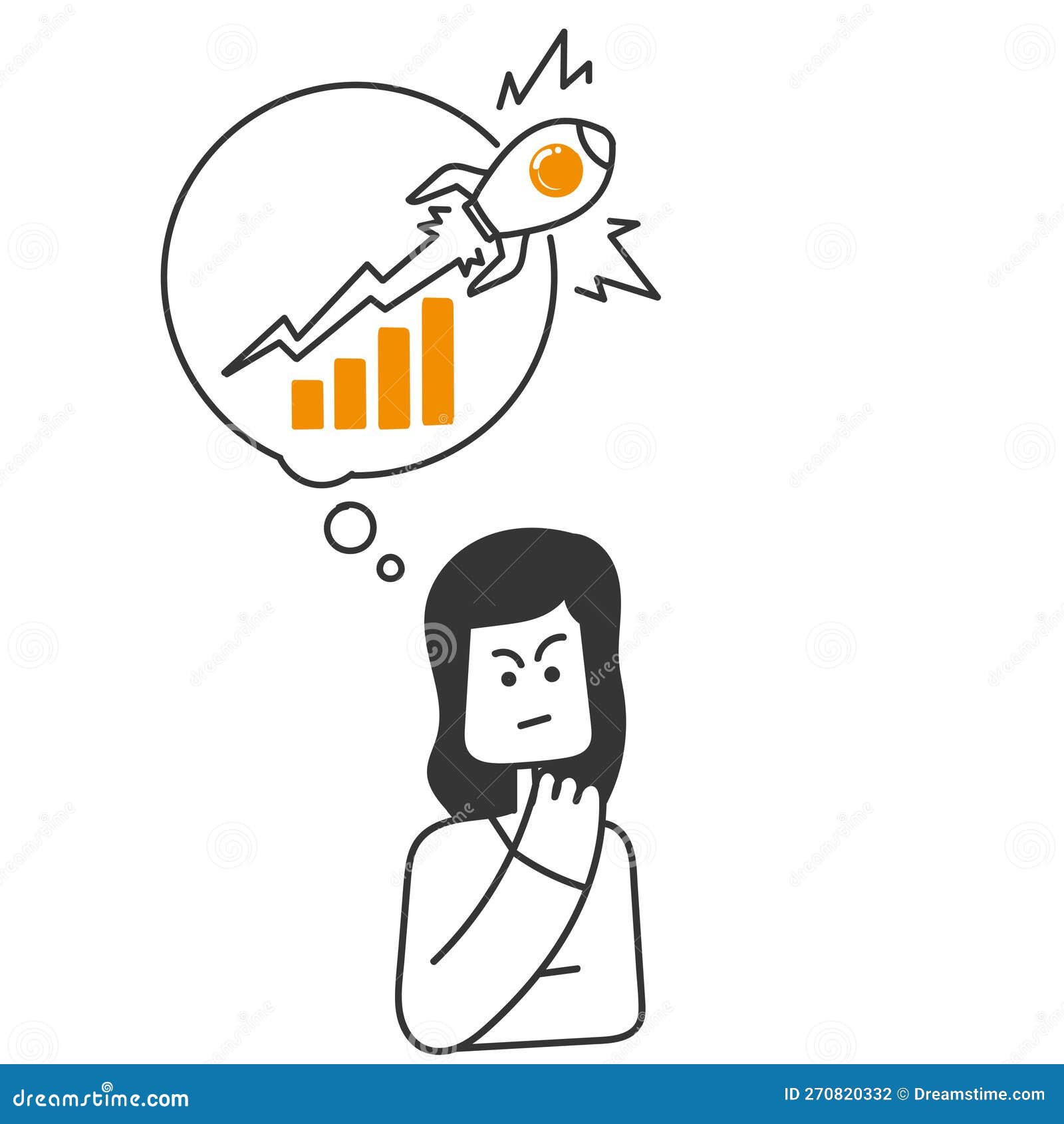 Hand Drawn Doodle Person Think about Rising Up Graph Rocket ...