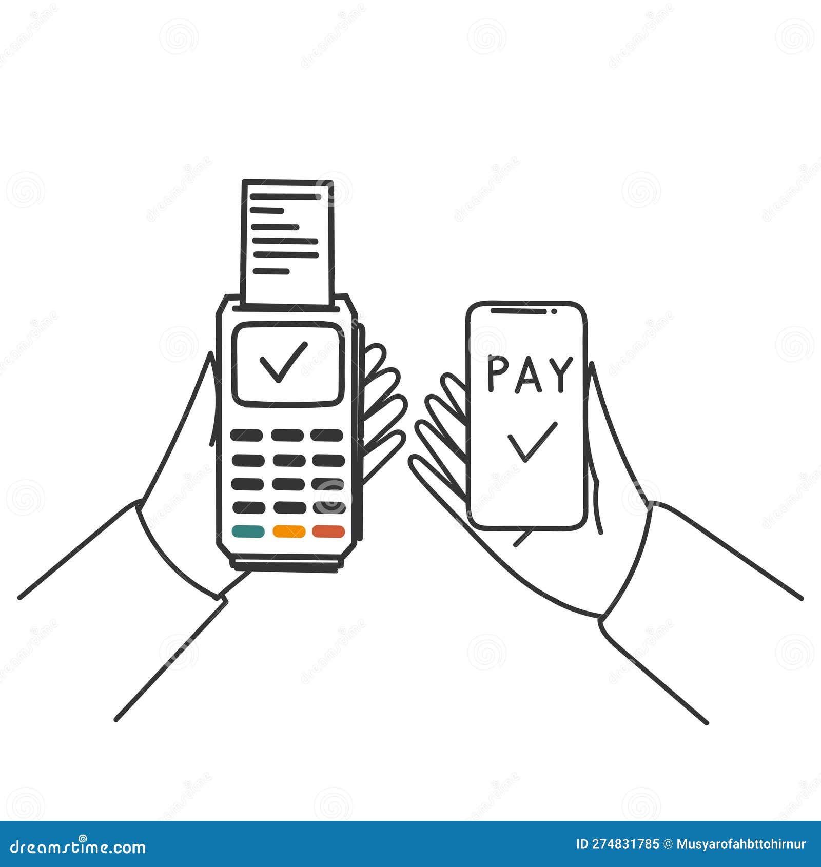 Hand Drawn Doodle Person Using POS Terminals Machine With Mobile Phone ...