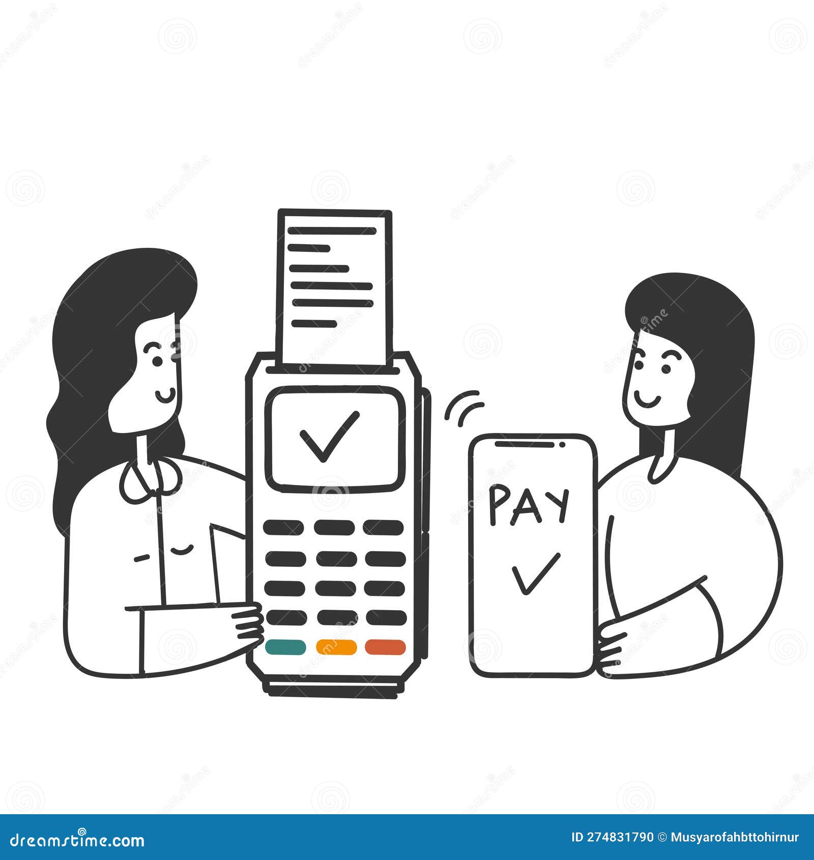 Hand Drawn Doodle Person Using POS Terminals Machine with Mobile Phone ...