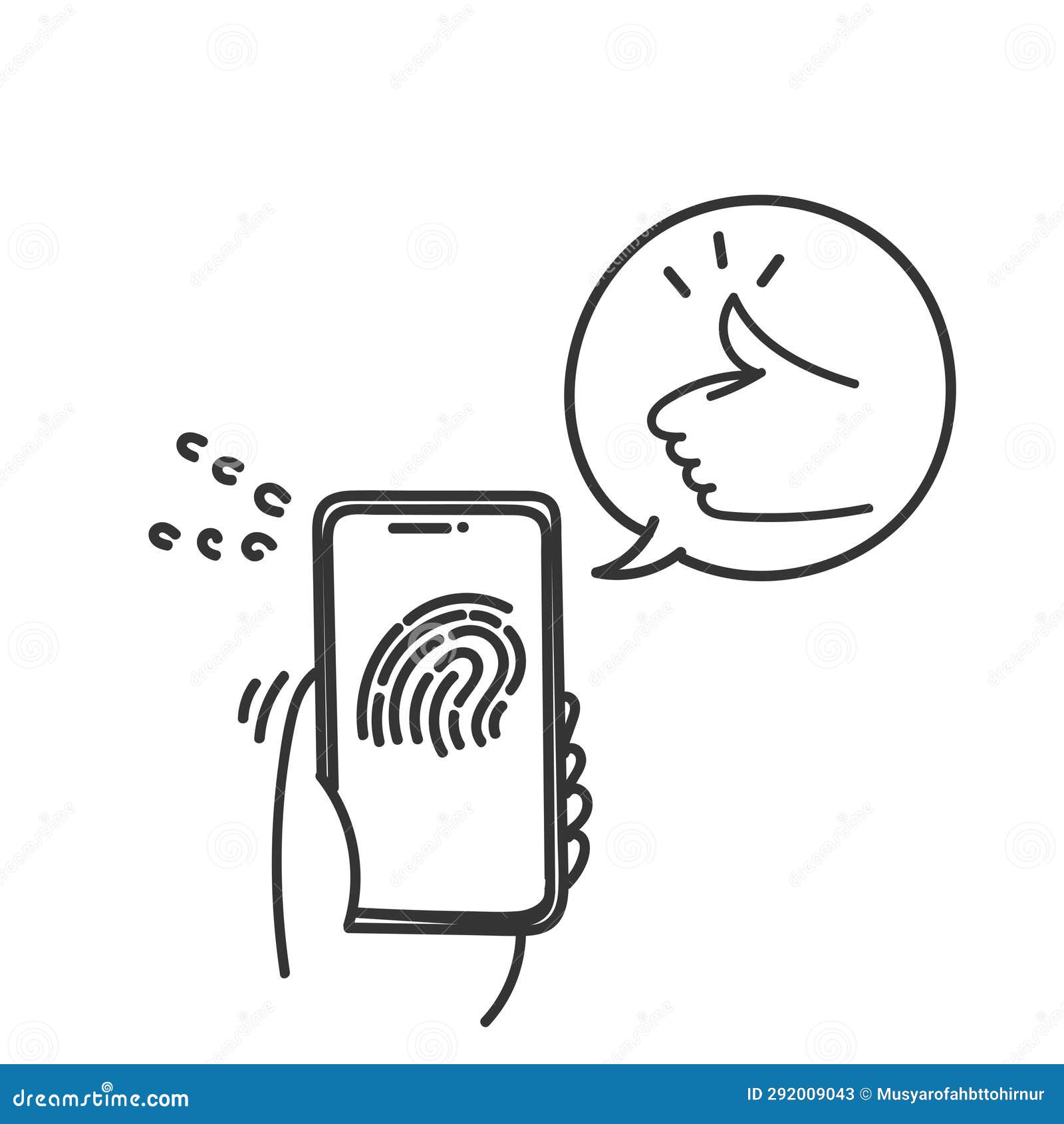 Hand Drawn Doodle Phone with Thumb Fingerprint Technology Illustration ...