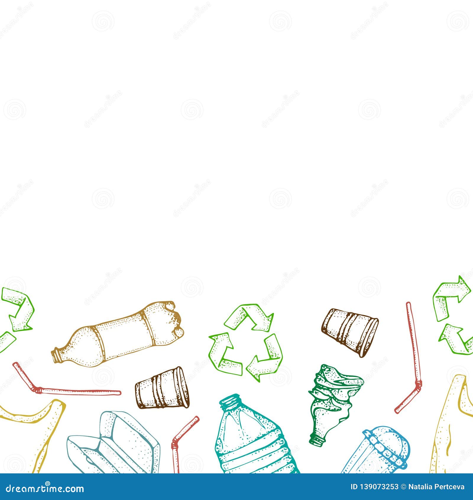 Hand Drawn Doodle Plastic Pollution Seamless Pattern. Vector ...