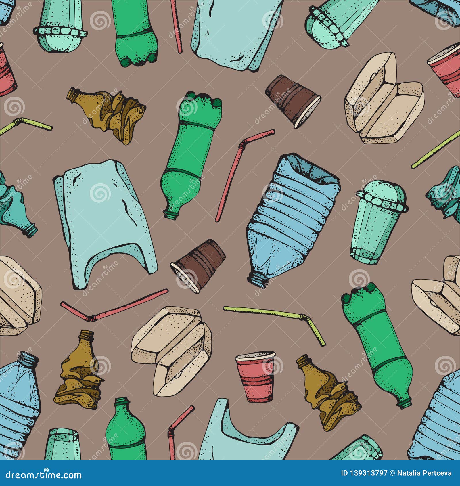 Hand Drawn Doodle Plastic Pollution Seamless Pattern. Vector ...