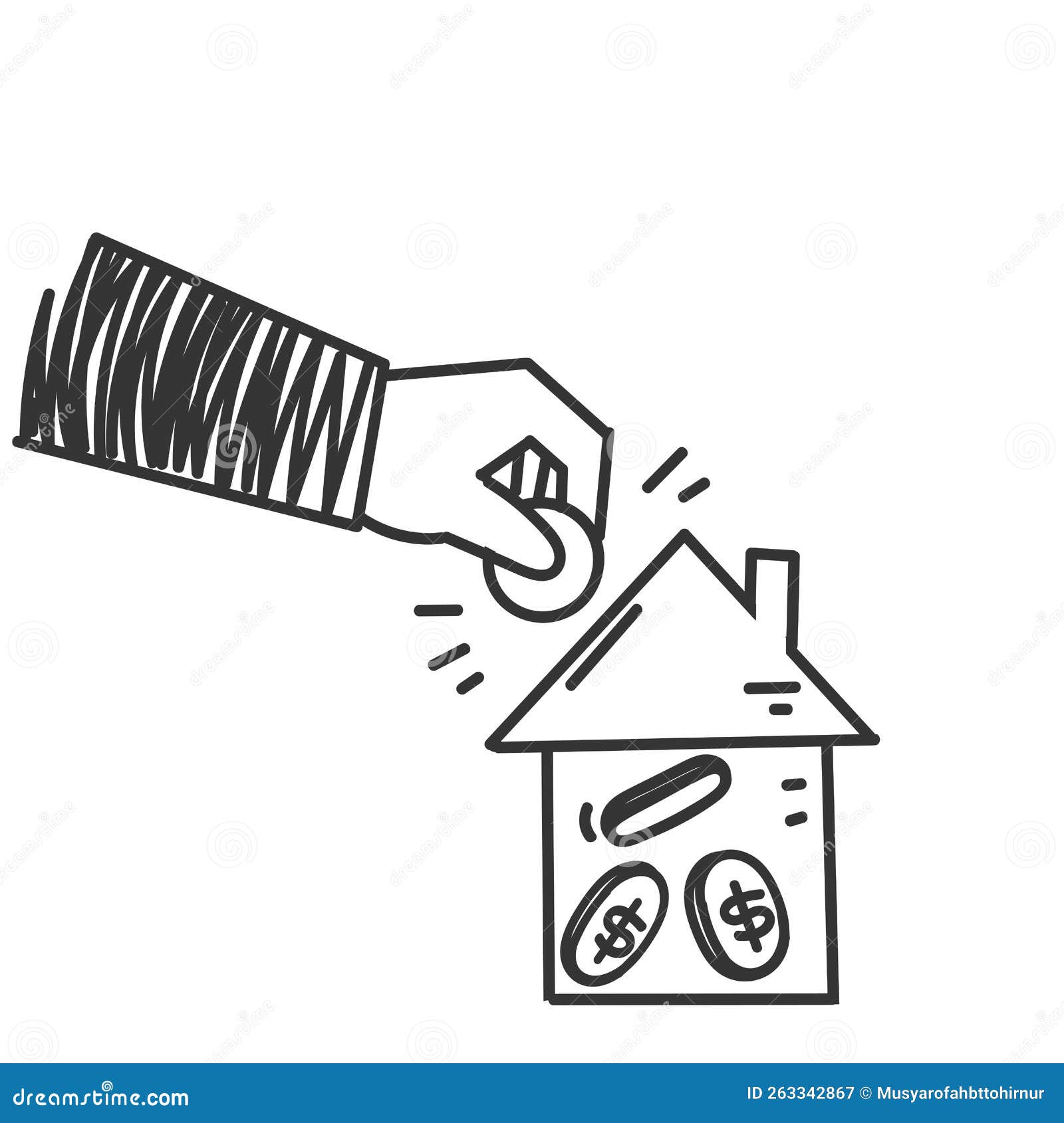 Hand Drawn Doodle Put Coins in the Little House Illustration Vector ...