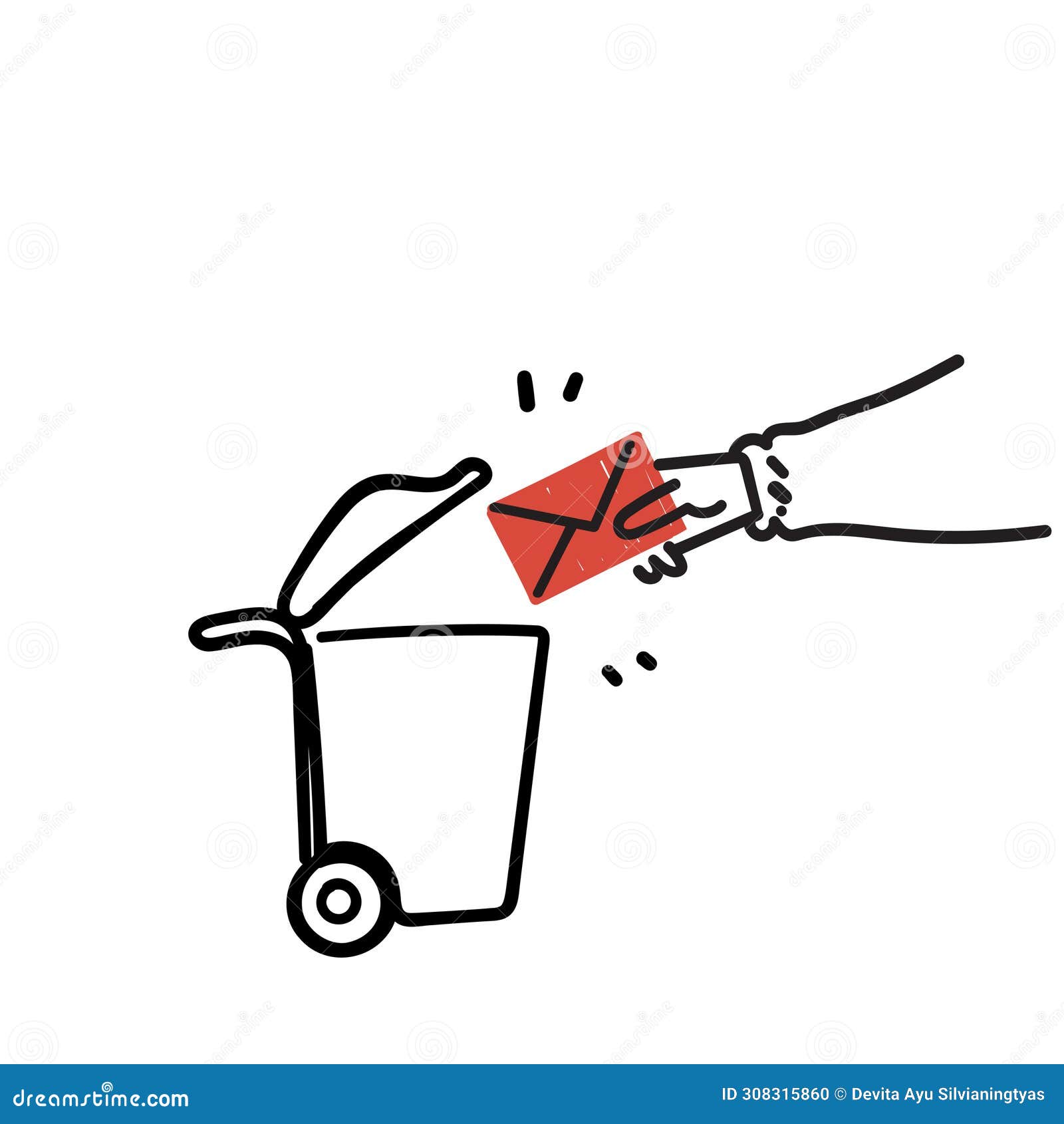 Hand Drawn Doodle Put Letter in To Dustbin Symbol for Deleting Email ...