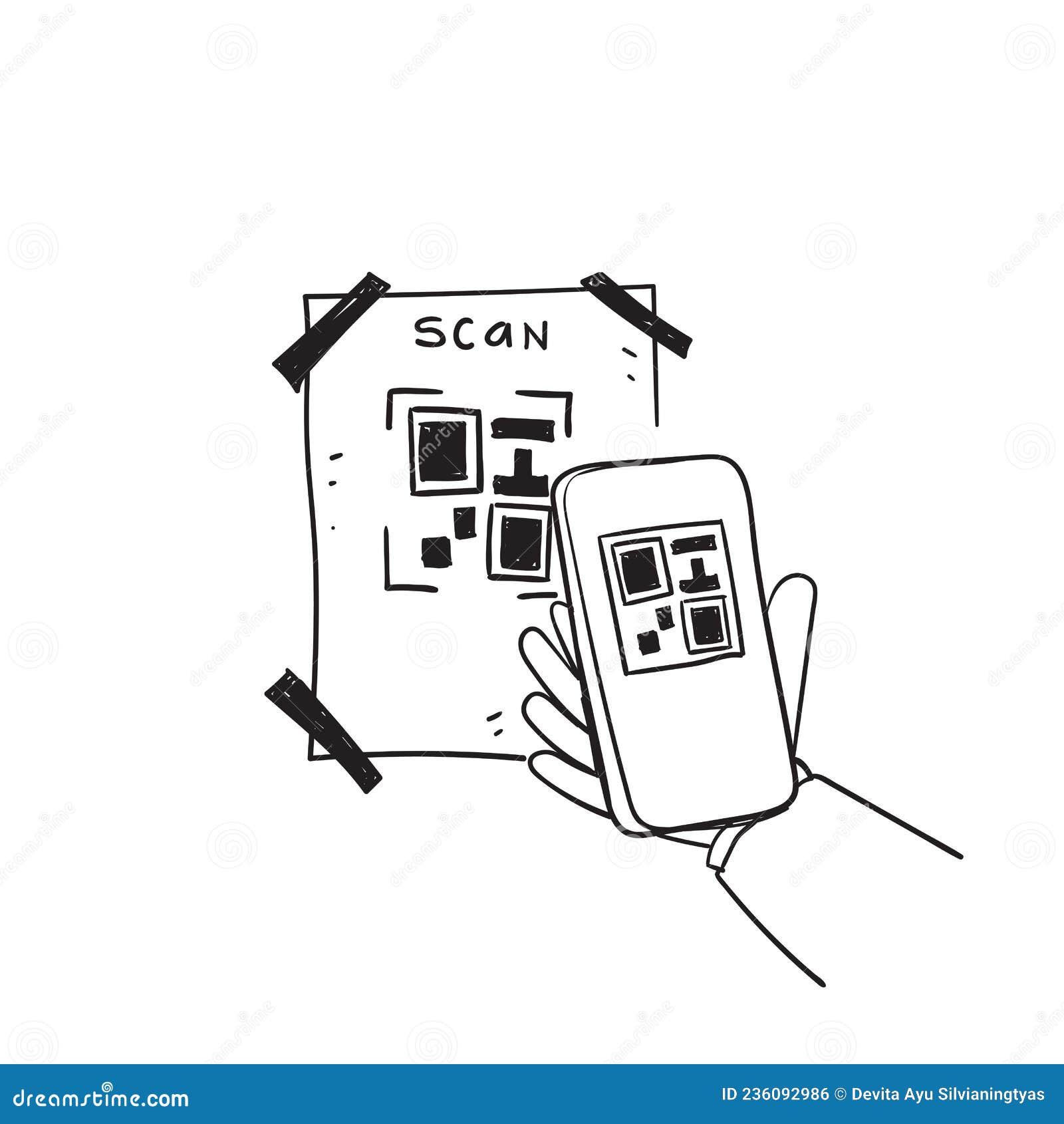 Hand Drawn Doodle QR Code Scanning Icon in Smartphone Illustration ...