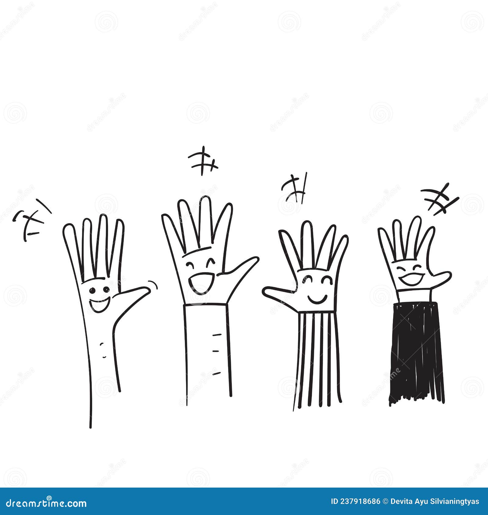 Hand Drawn Doodle Raised Audience Hand with Smile Face in the Palm ...