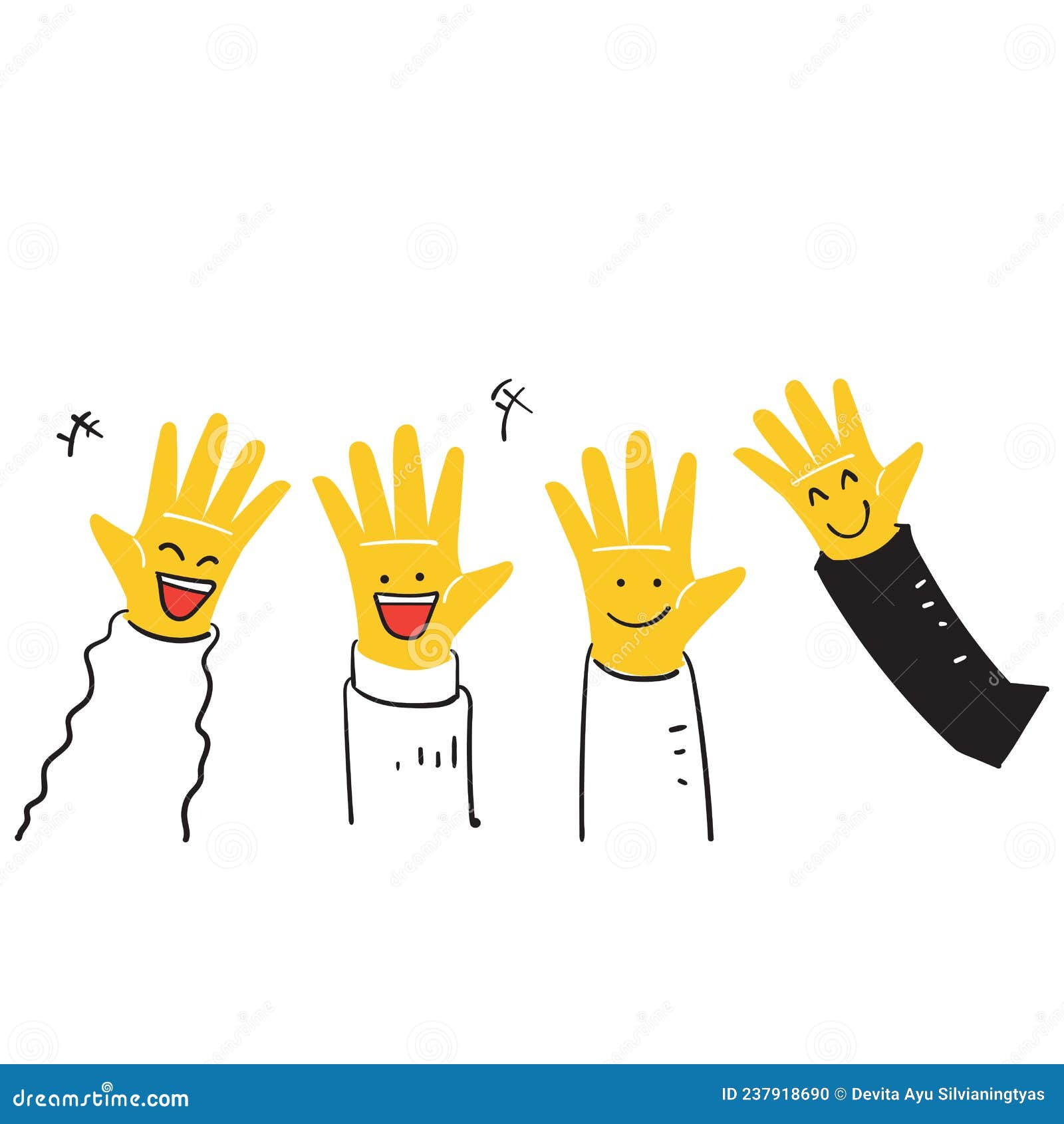 Hand Drawn Doodle Raised Audience Hand with Smile Face in the Palm ...