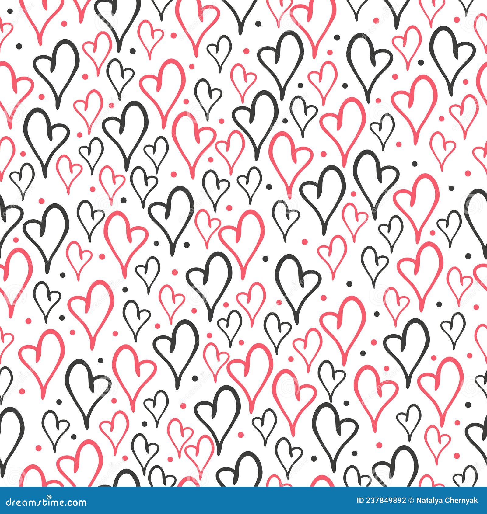 Hand Drawn Doodle Red and Black Hearts Seamless Pattern on White ...