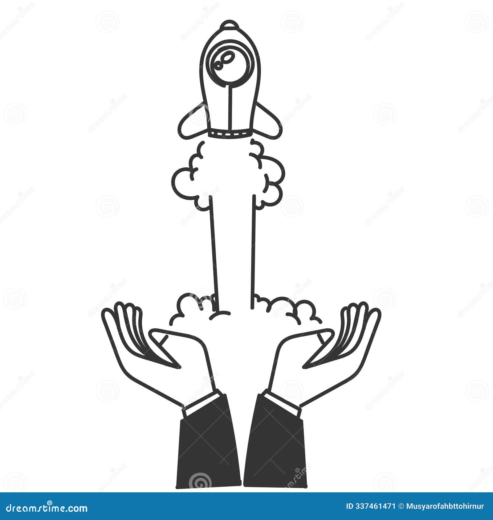 Hand Drawn Doodle Rocket Launch from Palm Hand Stock Illustration ...
