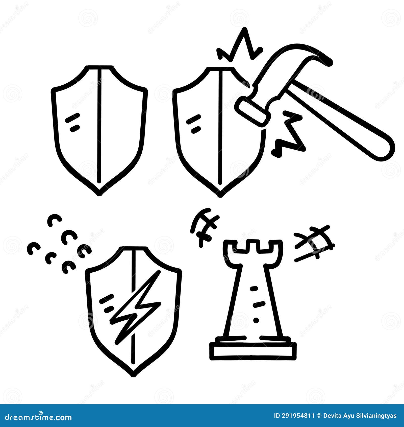 Hand Drawn Doodle Set of Defense Related Vector Illustration Stock ...