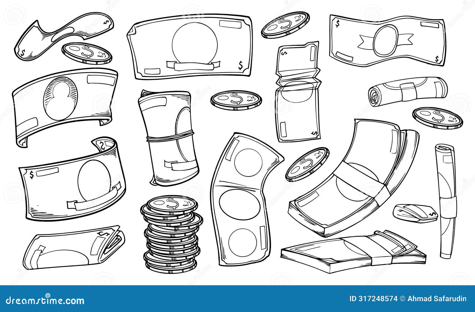 Hand Drawn Doodle Set of Dollar Money in Various Objects Illustration ...