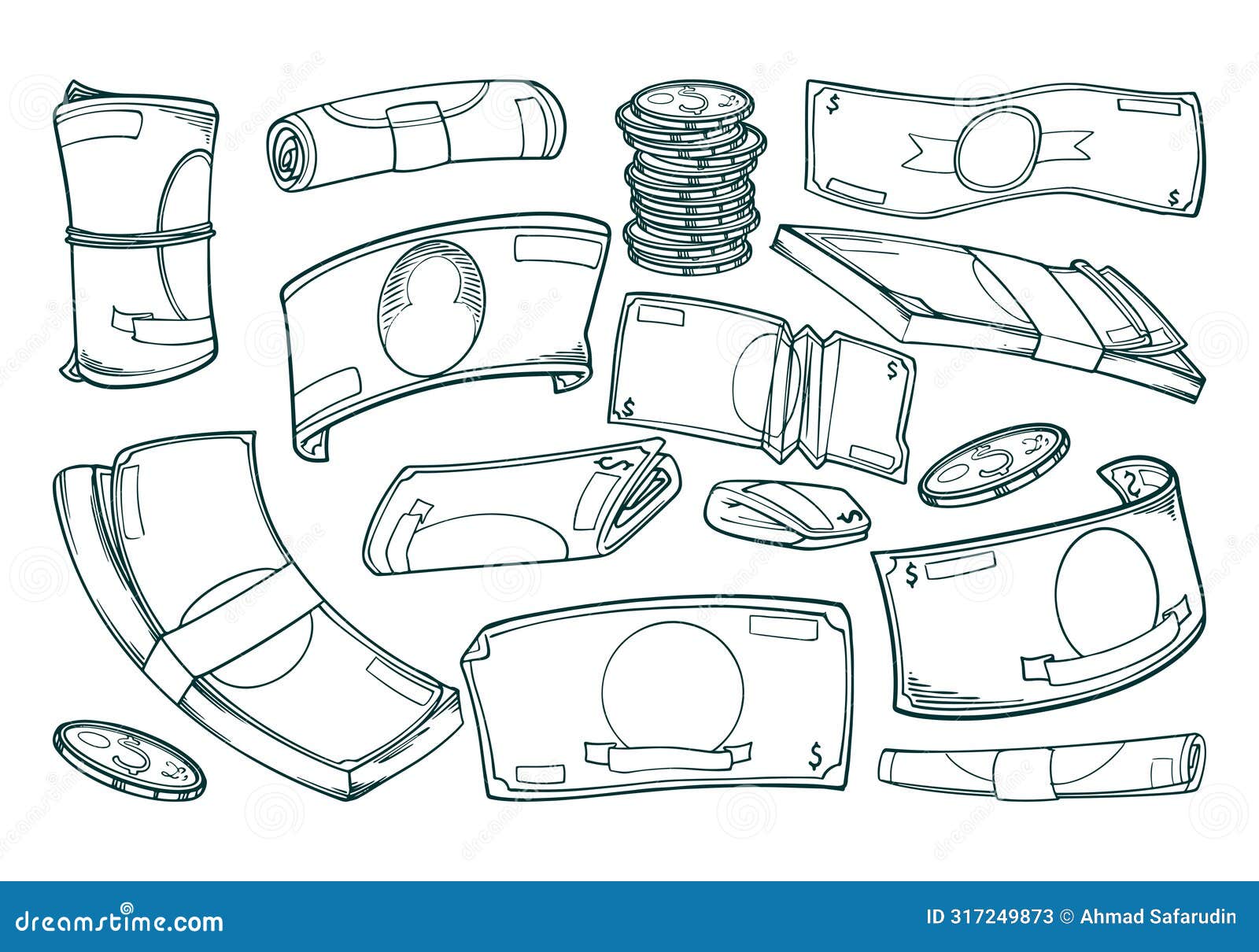 Hand Drawn Doodle Set of Dollar Money in Various Objects Illustration ...