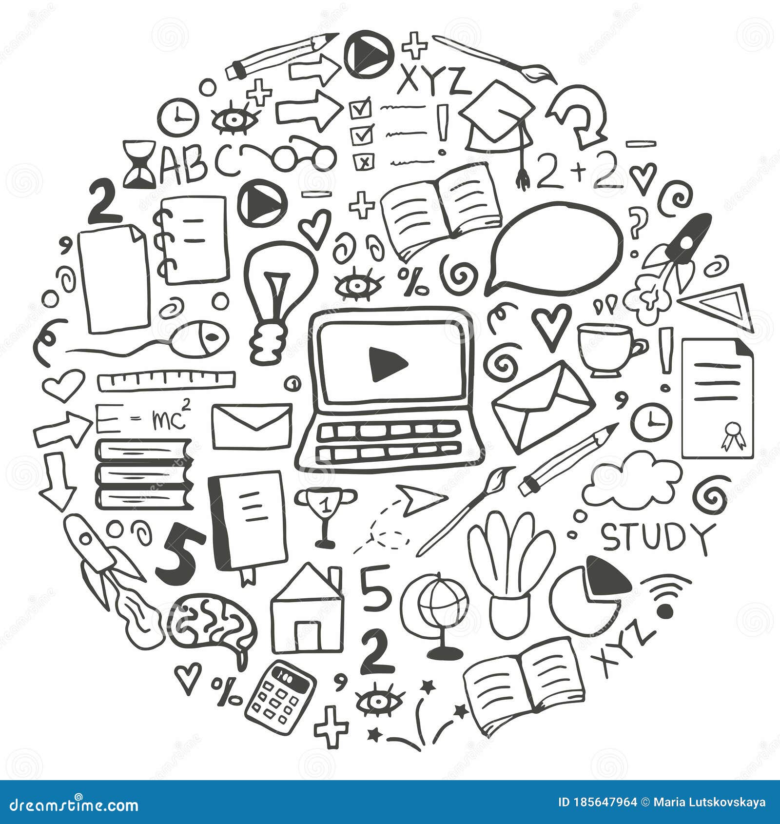 Hand Drawn Doodle Set with Education Symbols. Vector Online Studing Web ...