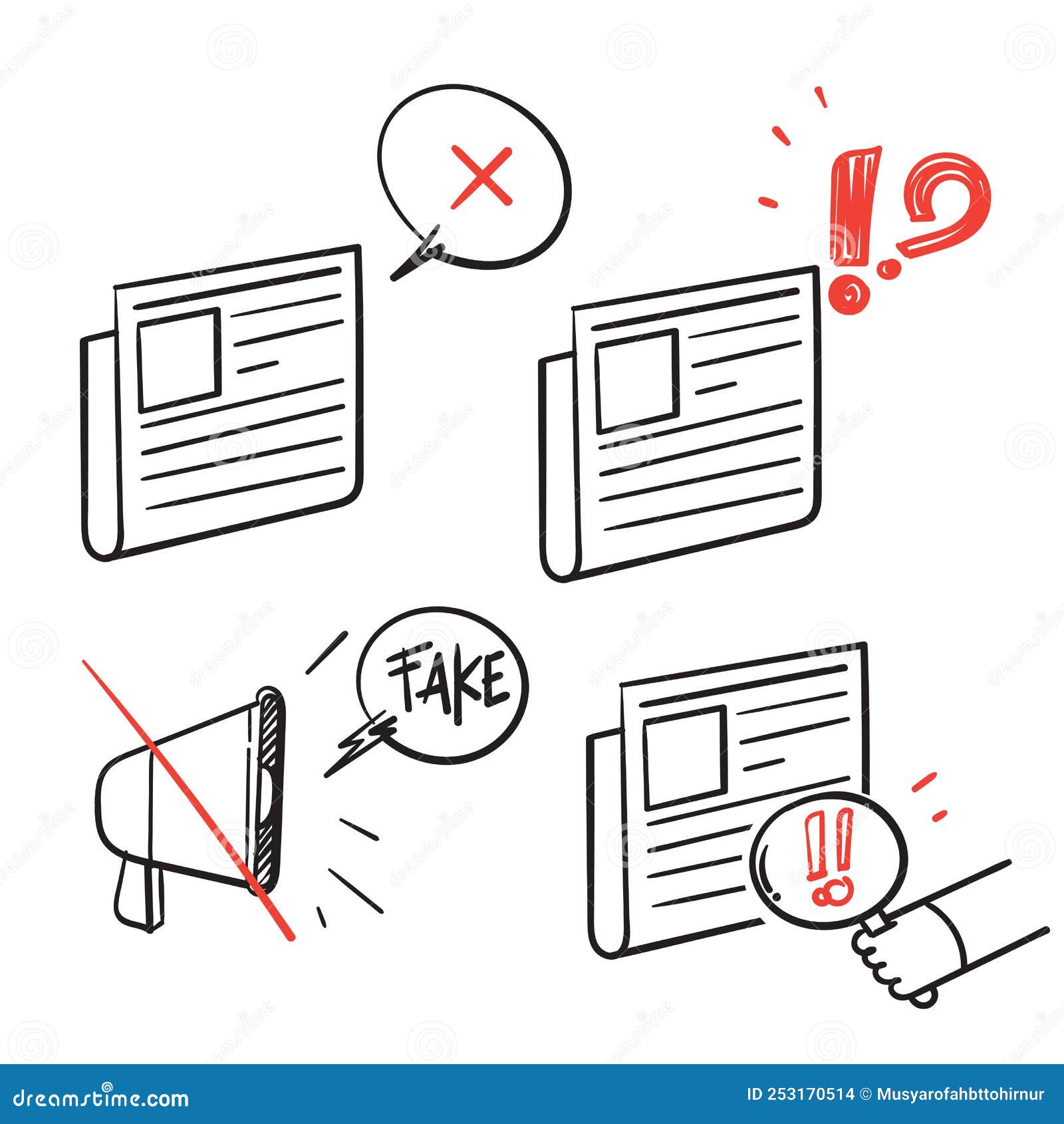 Hand Drawn Doodle Set of Fake News Related Illustration Vector Stock ...