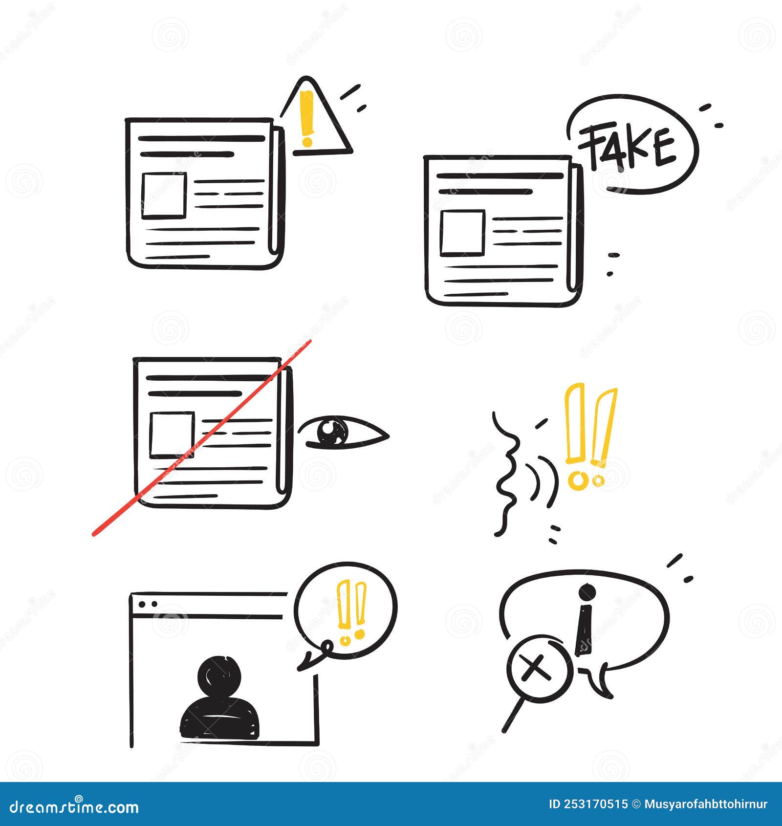 Hand Drawn Doodle Set of Fake News Related Illustration Vector Stock ...