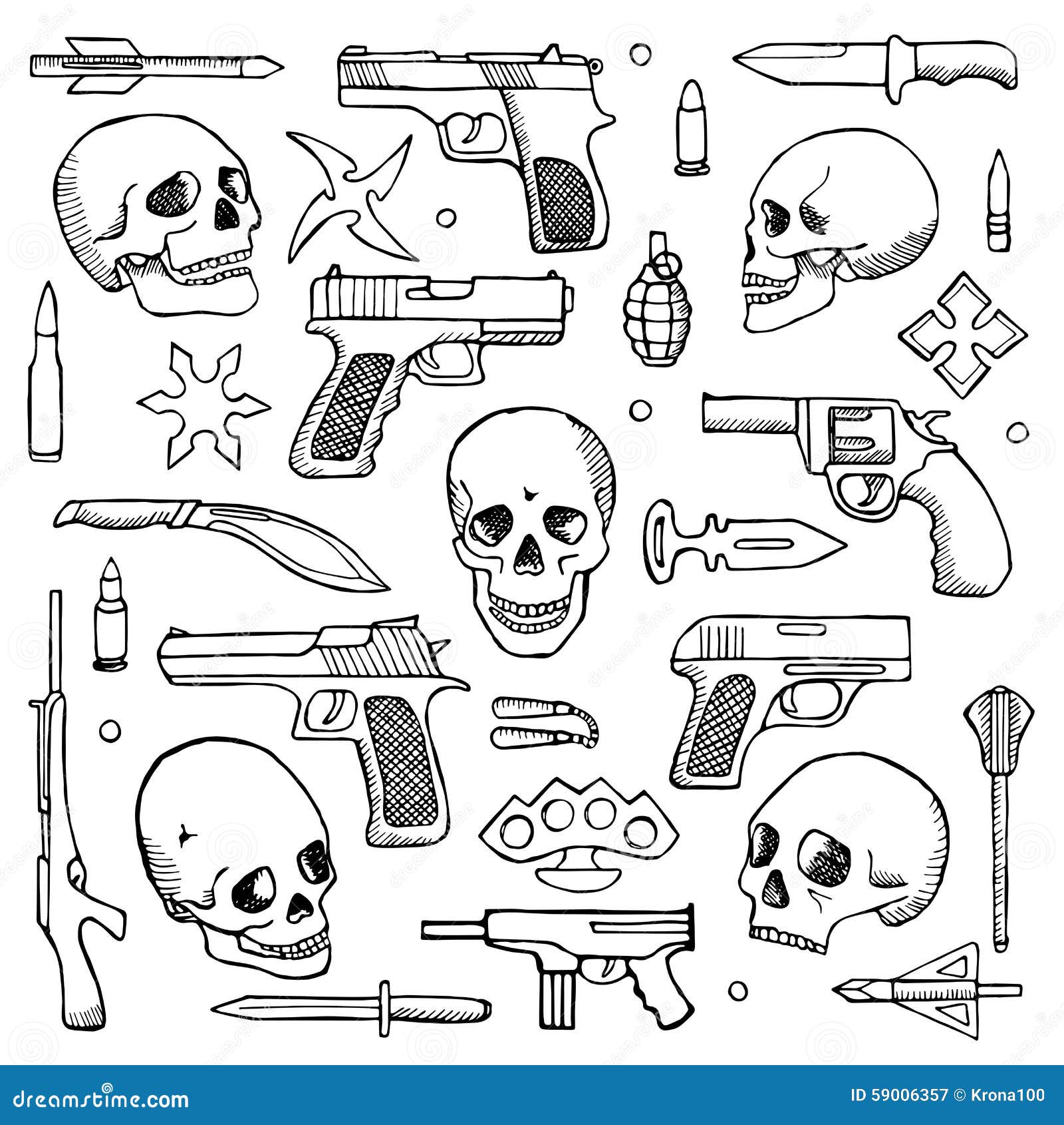 Hand Drawn Doodle Set with Skulls and Guns Stock Vector - Illustration ...