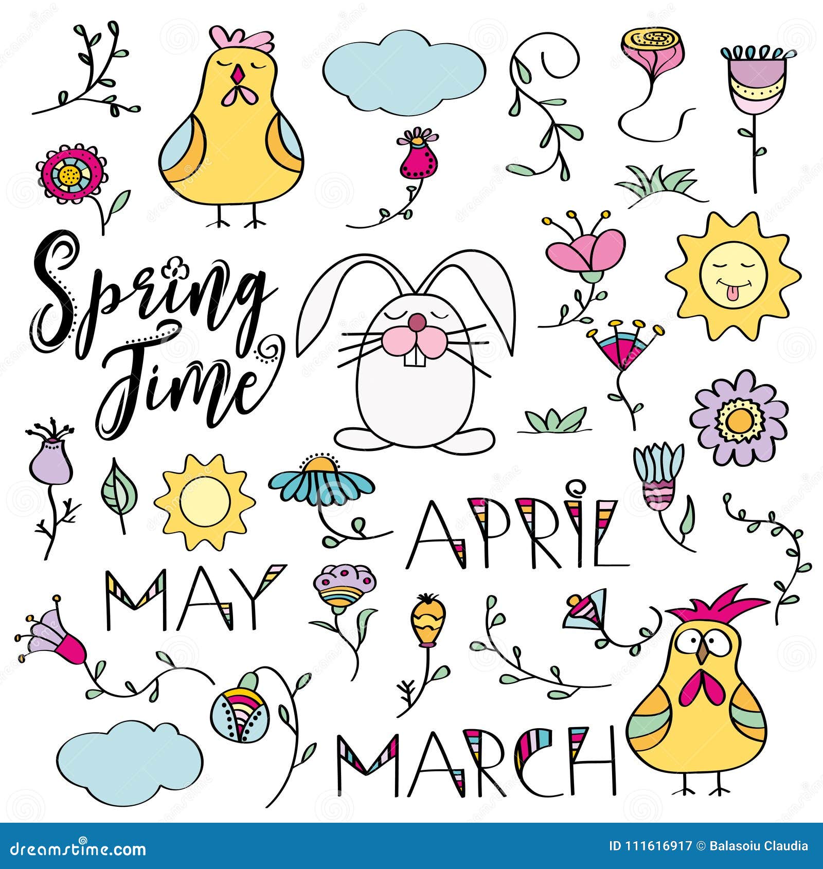 Hand Drawn Doodle Set of Spring Elements. Flowers, Bunny, Chicken Stock ...