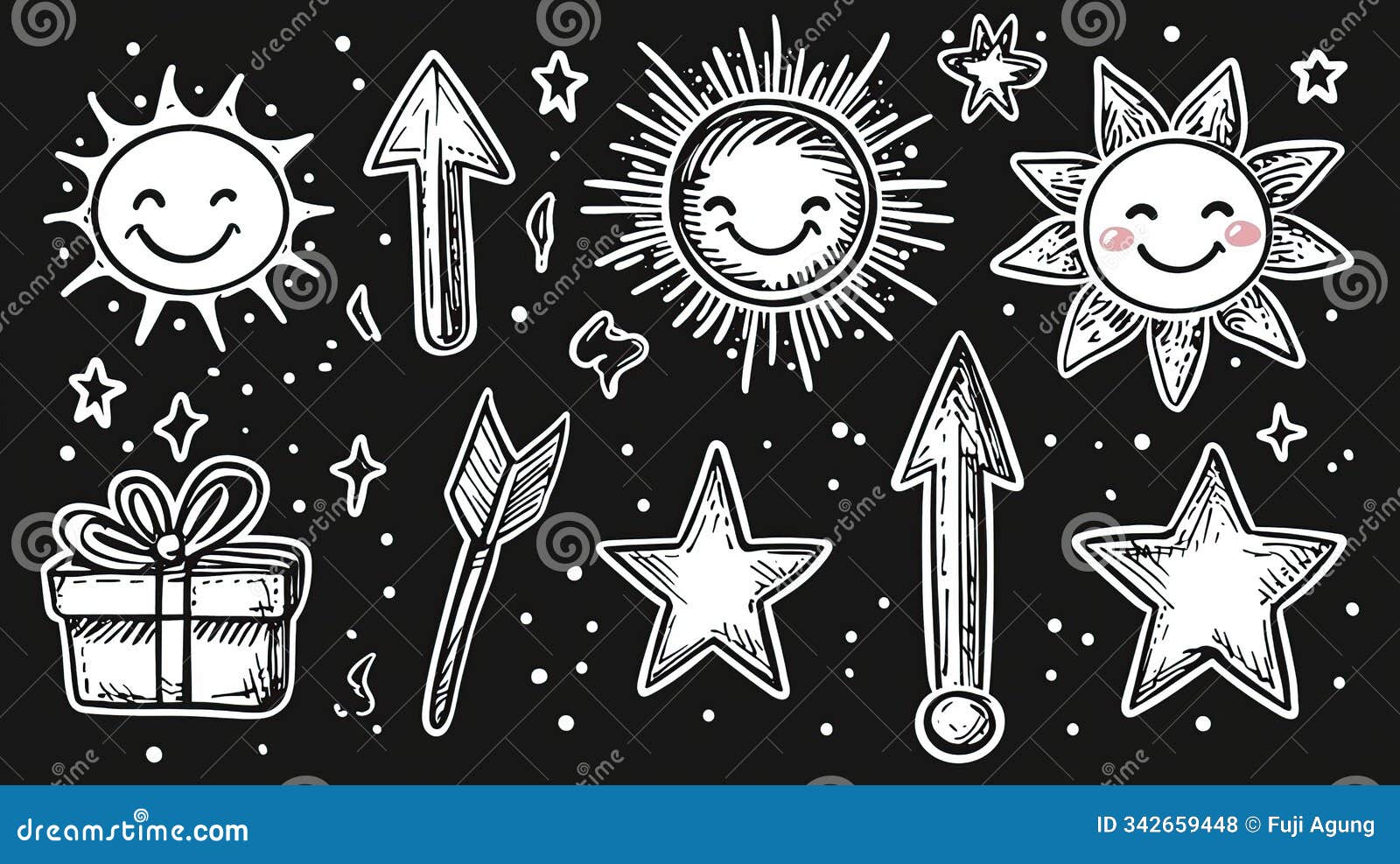 Hand Drawn Doodle Set of Stars, Sun, Arrows and Gift Box Stock ...