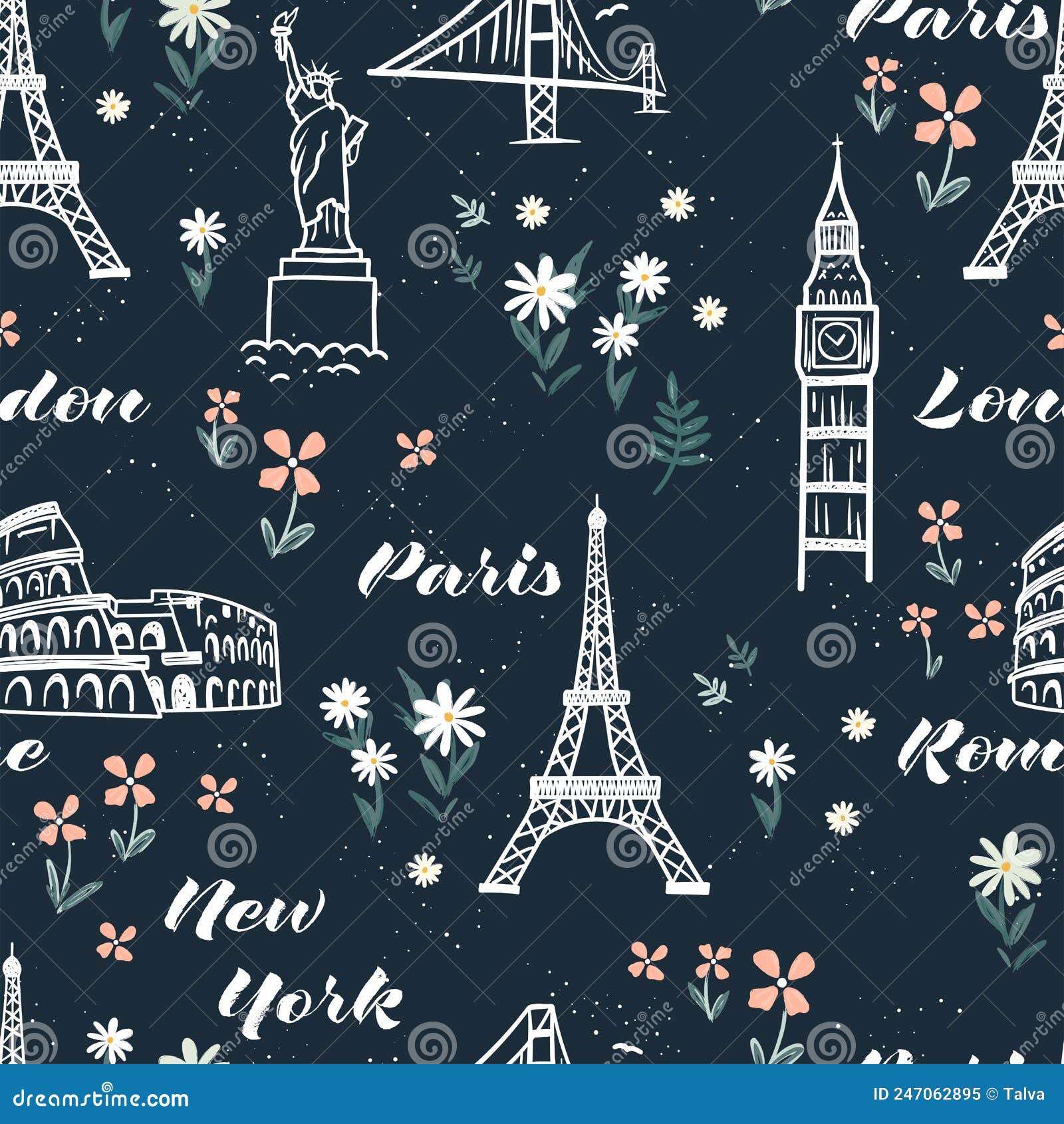Hand Drawn Doodle Sights Seamless Pattern, Travel Background, Great for ...