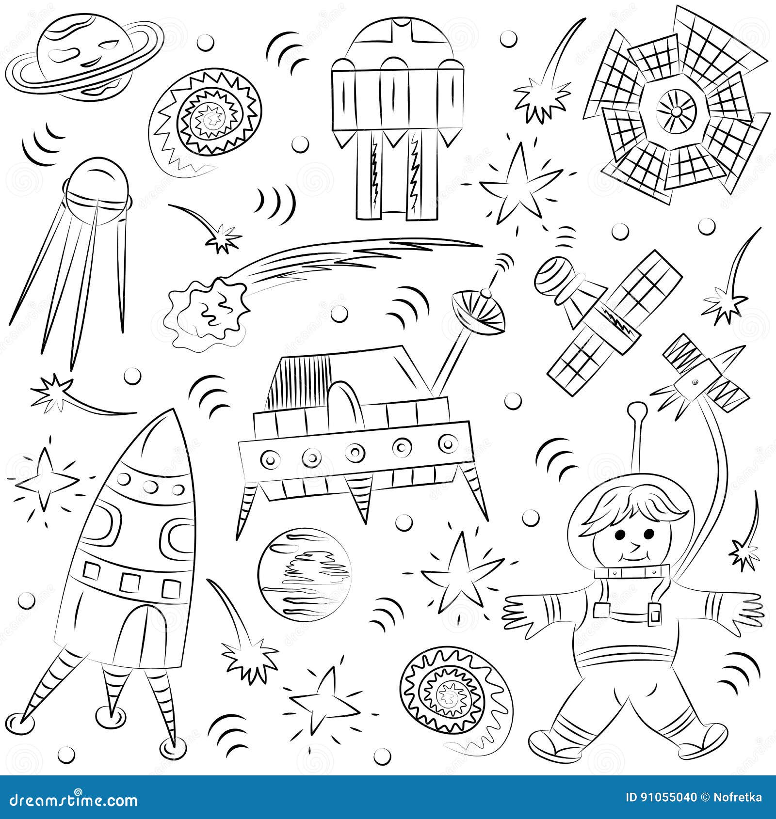 Hand Drawn Doodle Spaceman, Spaceships, Rockets, Falling Stars, Planets ...