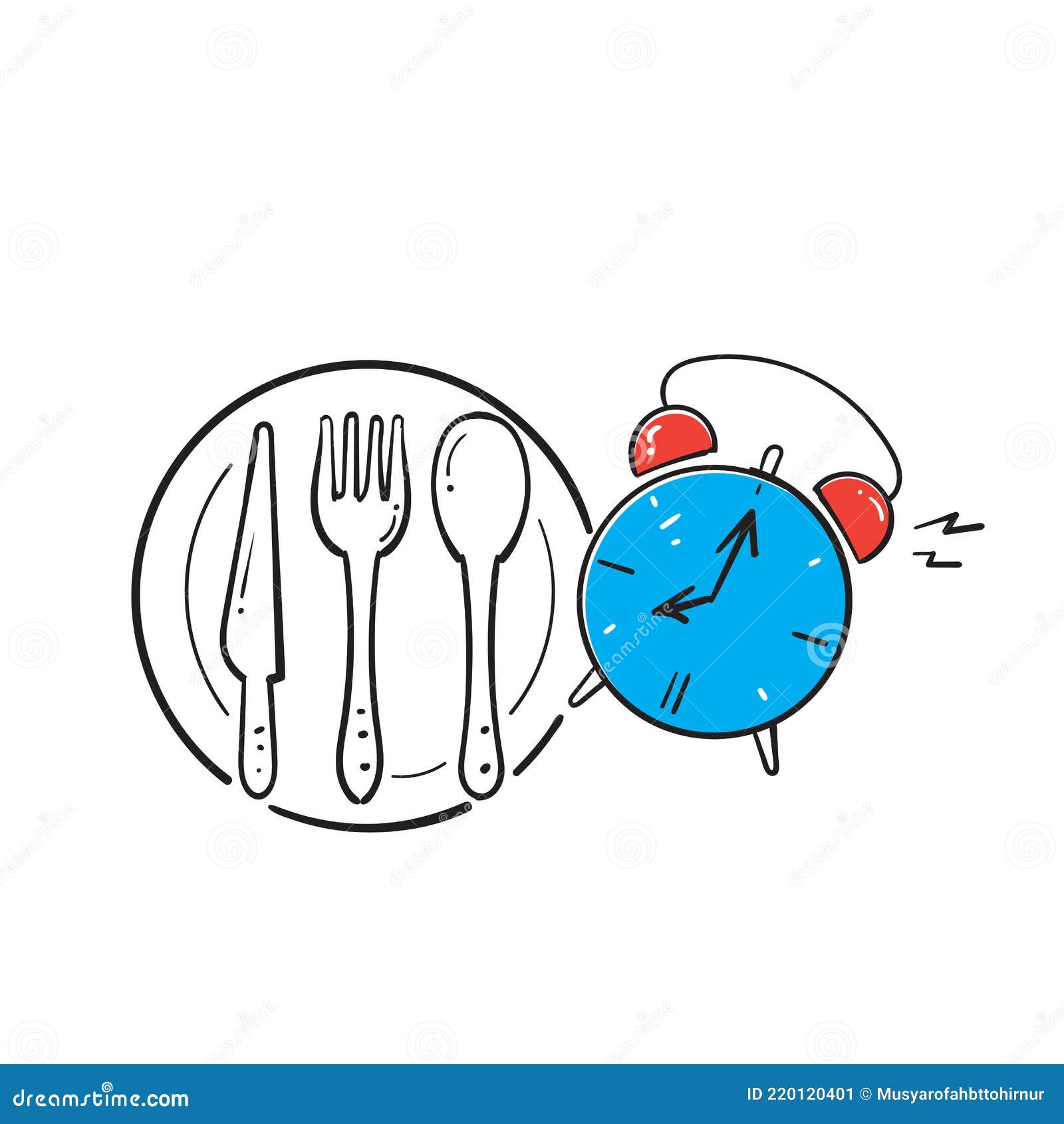 Hand Drawn Doodle Spoon and Fork with Clock Symbol for Meal Time ...