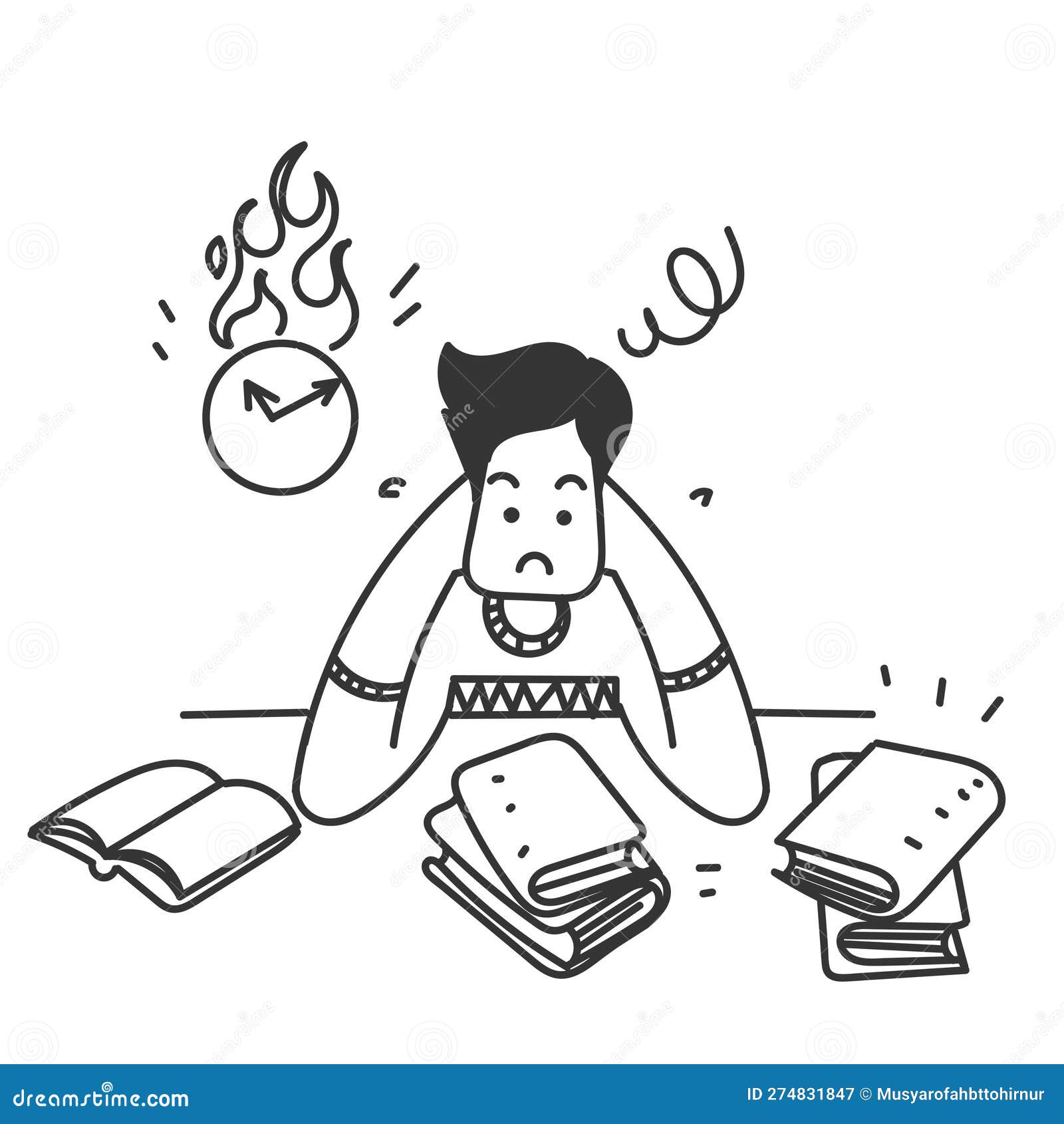 Hand Drawn Doodle Student Learning Hard for Exam or Work Illustration ...