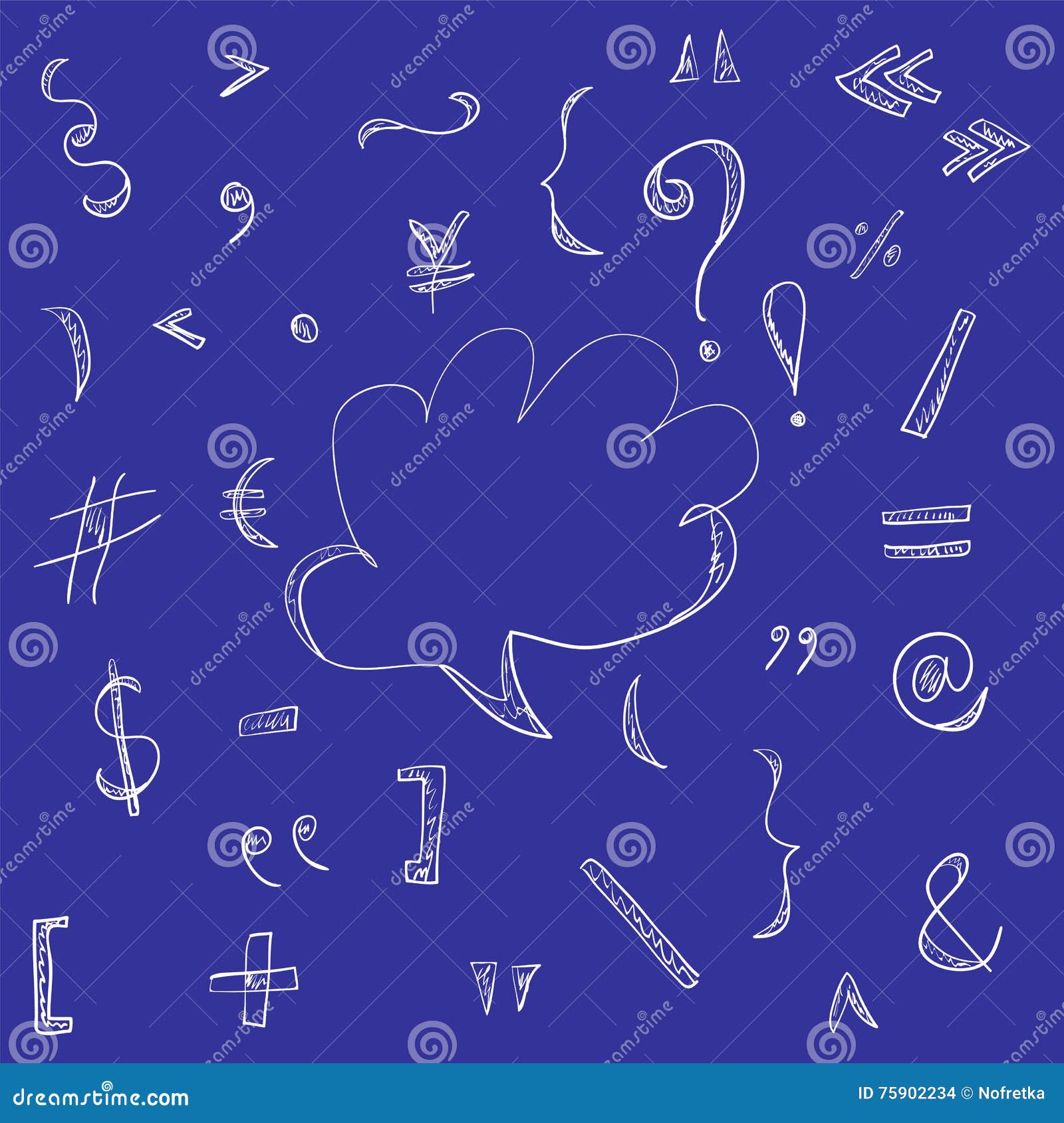 Hand Drawn Doodle Symbols and Speech Bubble. Scribble Signs on Blue ...