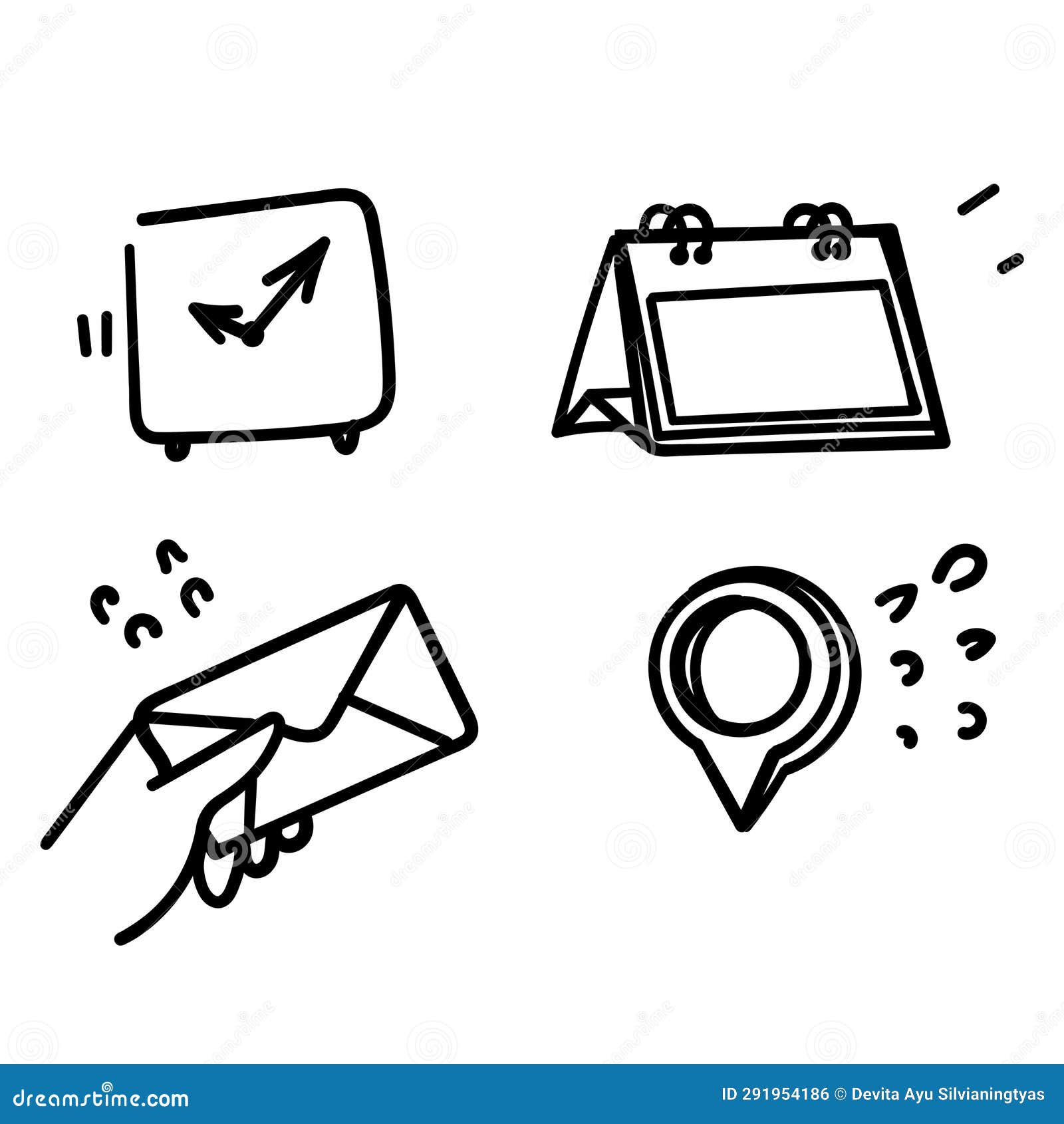 Hand Drawn Doodle Time Calendar and Location Illustration Vector Stock ...