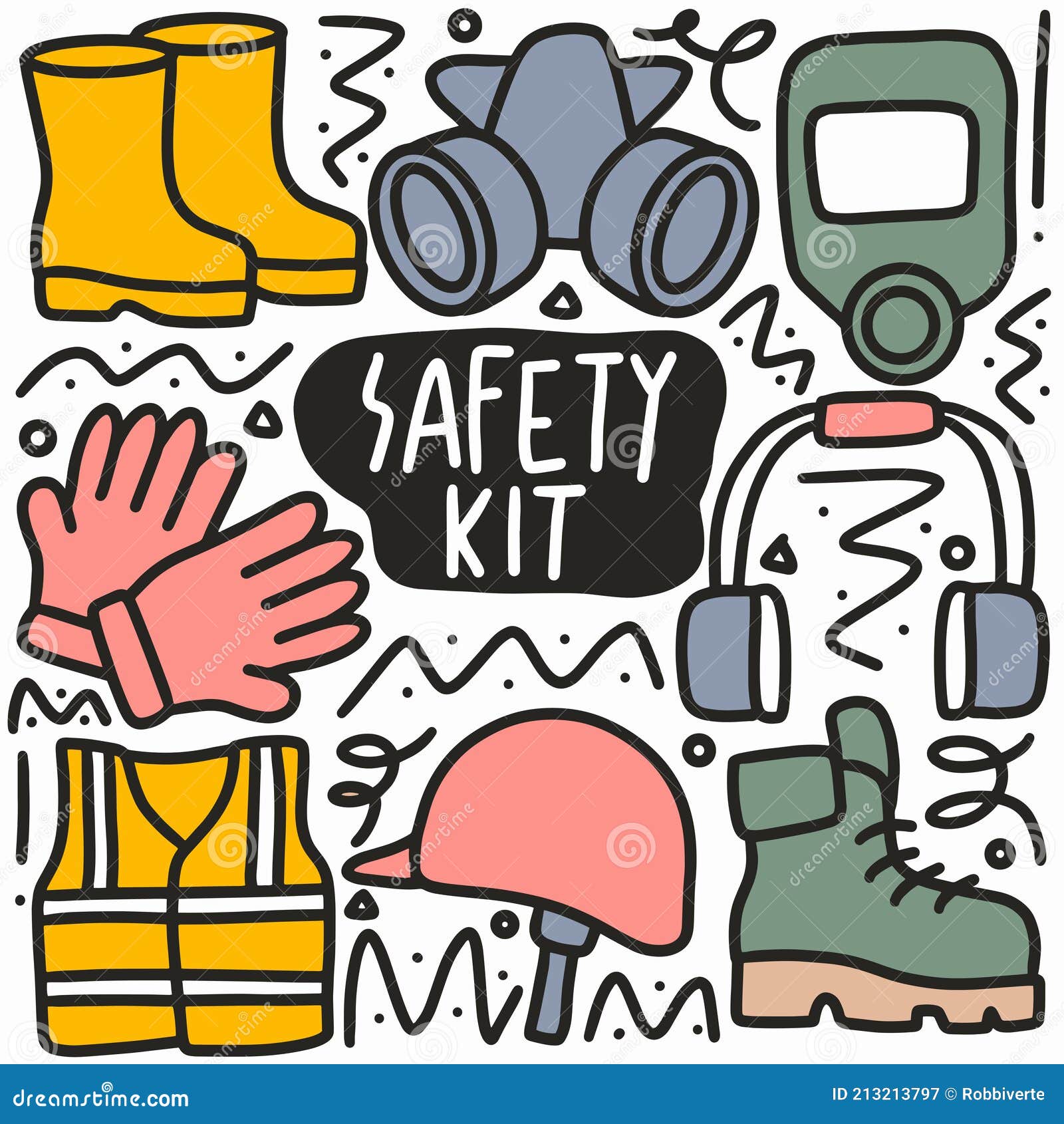 Hand Drawn Doodle Various Safety Kit Stock Vector - Illustration of ...
