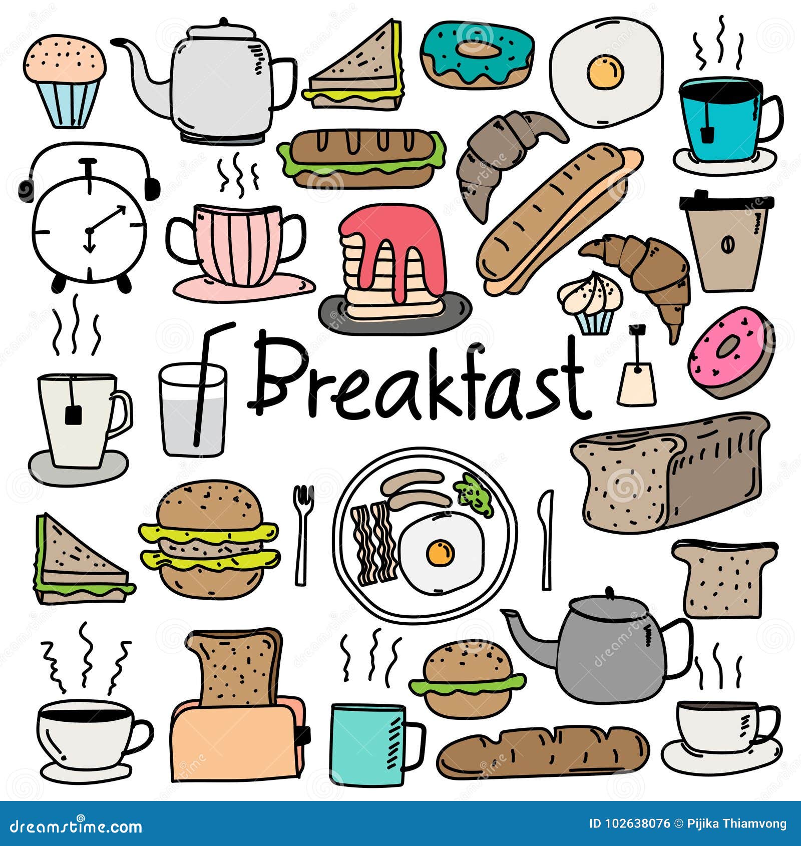 Hand Drawn Doodle Vector Breakfast Set. Stock Vector - Illustration of ...