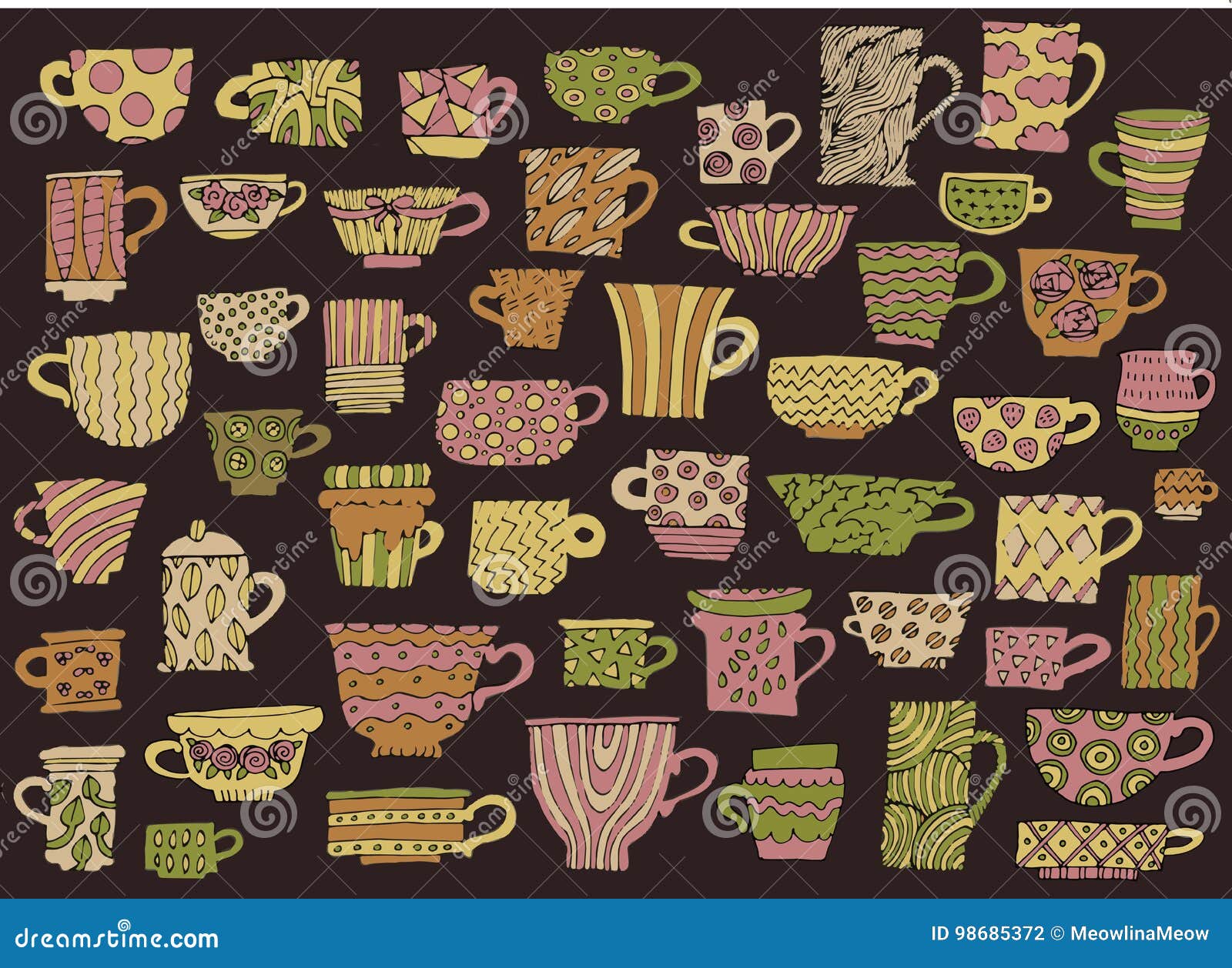 50 Hand Drawn Doodle Vector Cups Stock Vector - Illustration of ...