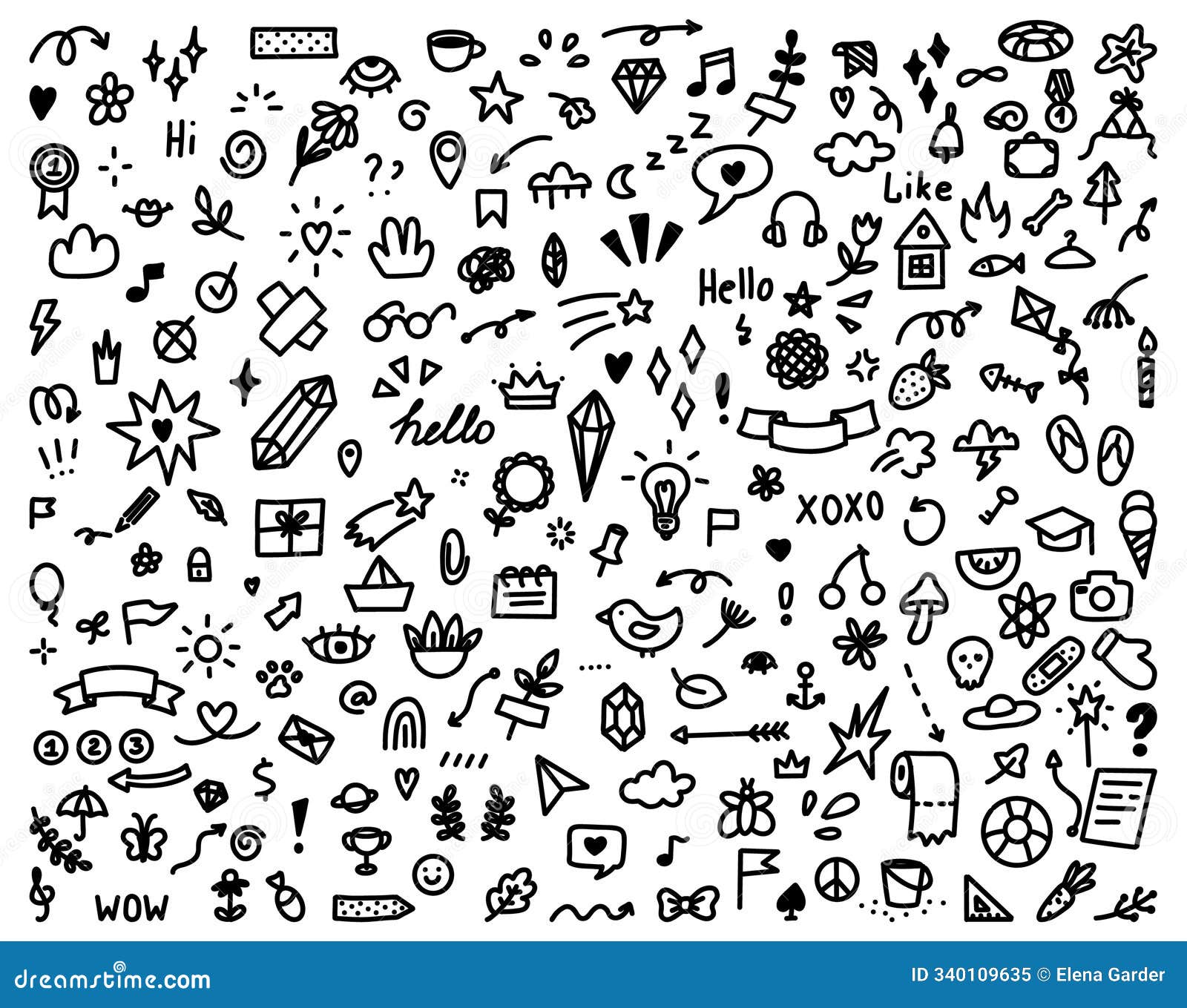 Hand Drawn Doodle Vector Set. Collection of Cute Hand Drawn Doodle ...