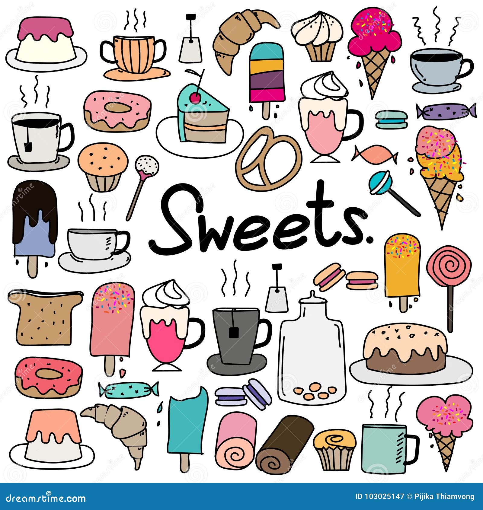 Hand Drawn Doodle Vector Sweets Set. Stock Vector - Illustration of ...