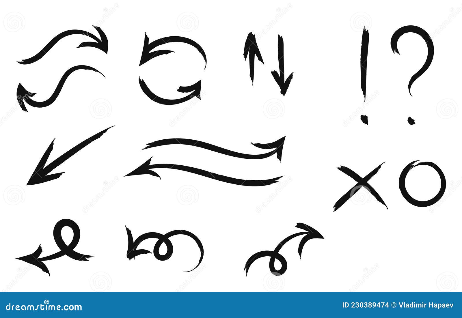 Hand-drawn Doodles of Arrows, Exclamation Mark, Question Mark, Cross ...