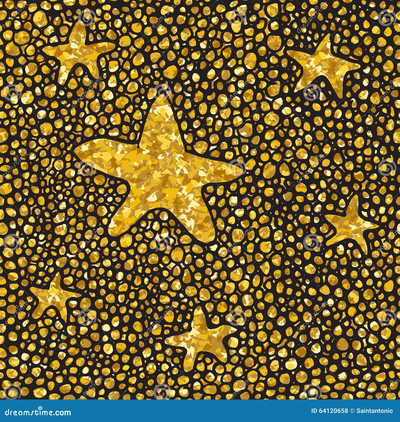 Hand Drawn Dotted Seamless Gold Glitter Pattern. Brush Stars and Dots ...