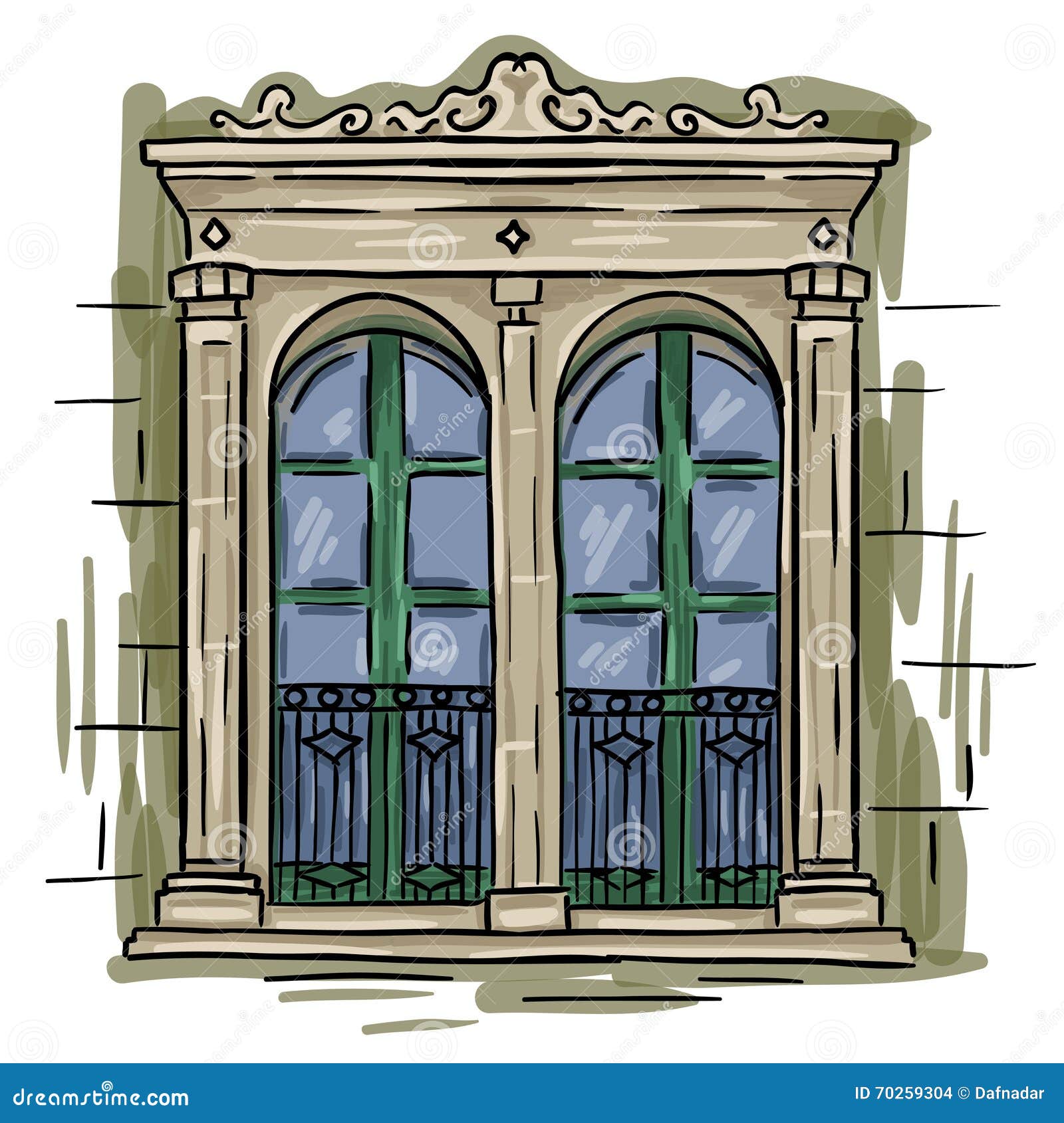 Hand Drawn Double Window, Green Frame. Vintage Artistic Architecture ...