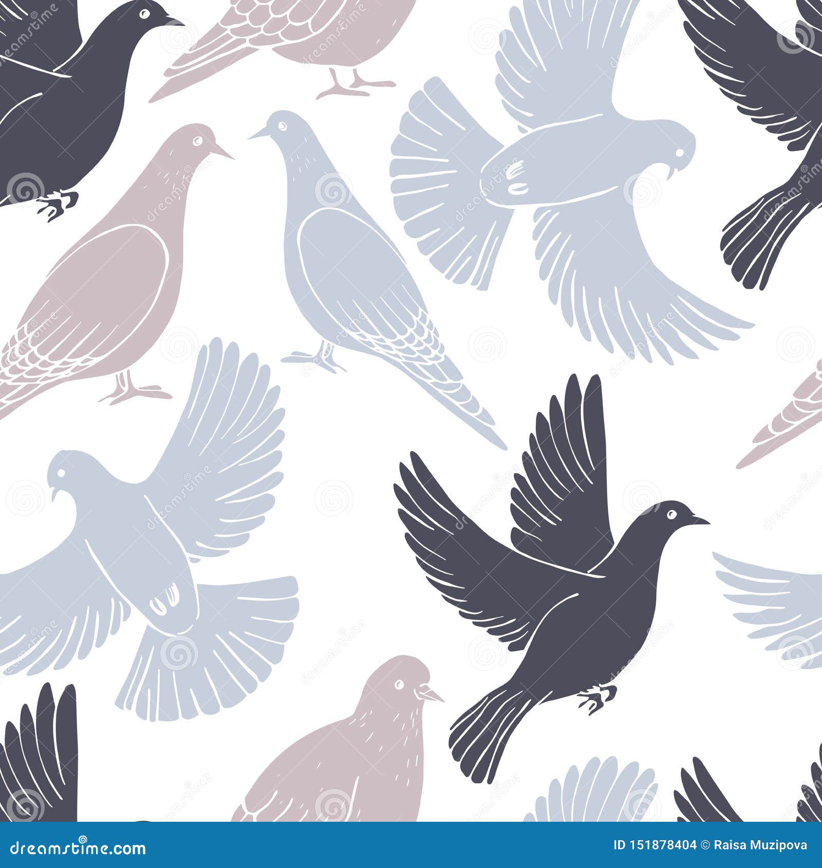 Hand Drawn Doves. Vector Seamless Pattern Stock Vector - Illustration ...