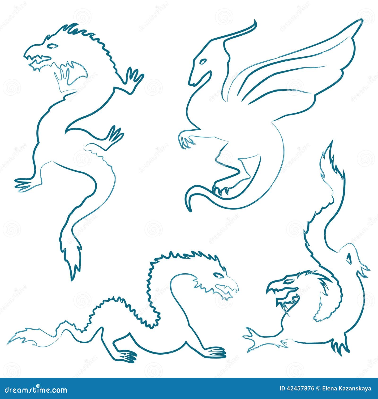Hand Drawn Dragon Silhouettes Set Stock Illustration - Illustration of ...