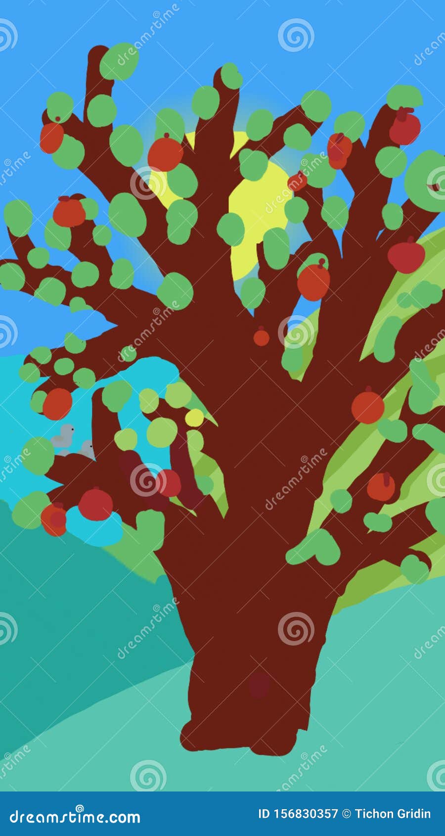 Large Red Apples Hang on an Old Apple Tree with a Thick Trunk. Stock ...