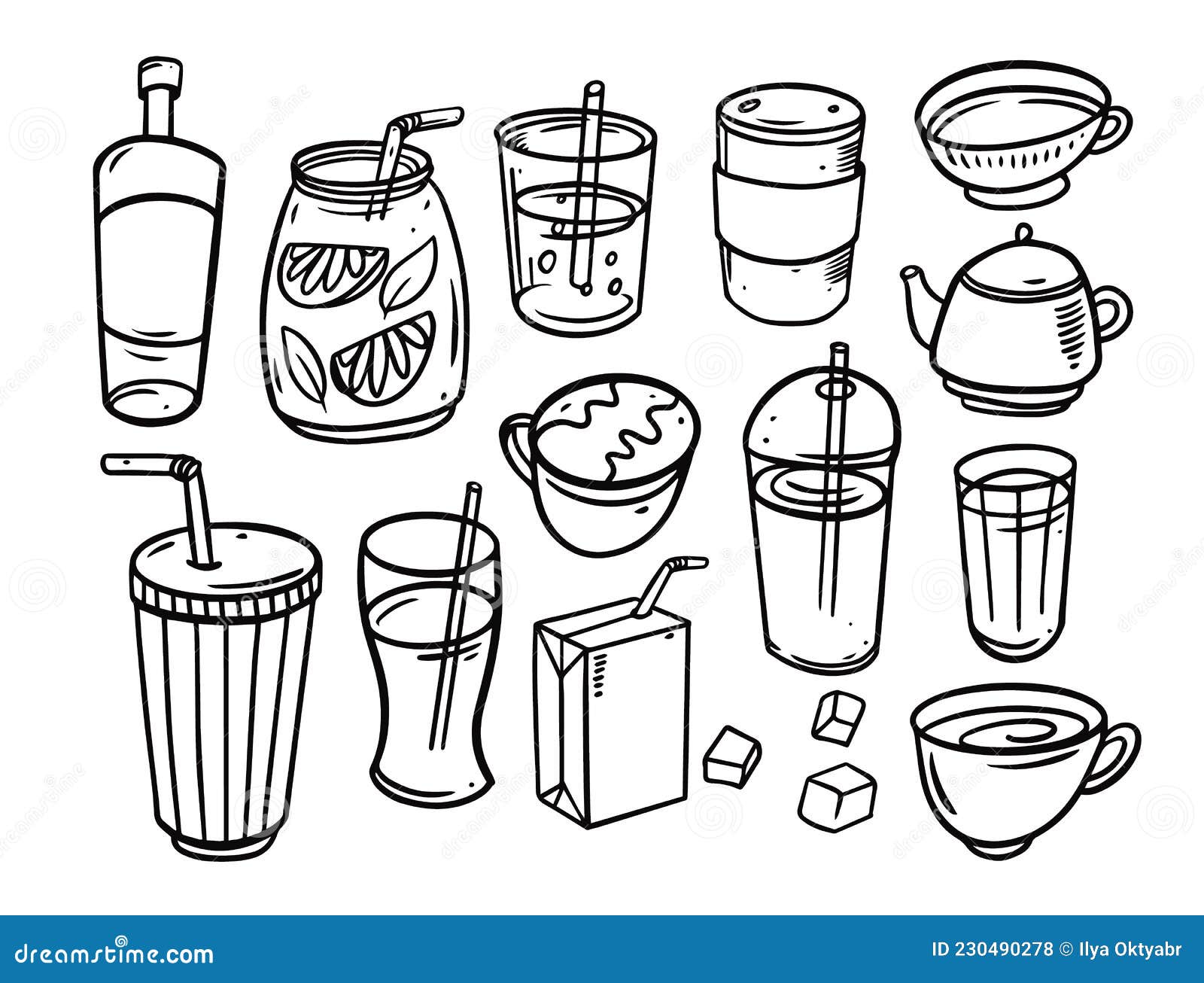 Hand Drawn Drinks Doodle Elements Set. Black Color Vector Illustration ...