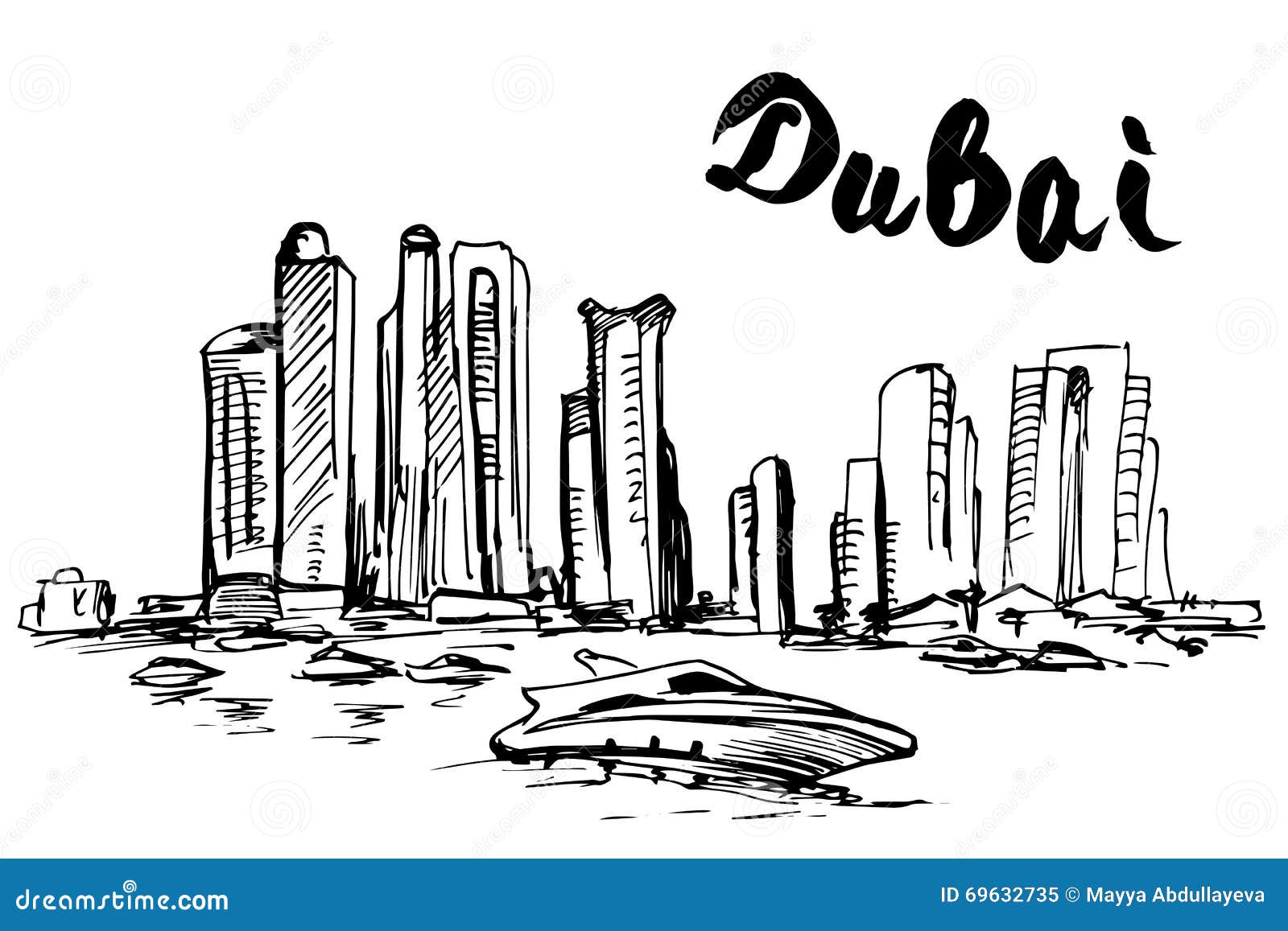Hand Drawn Dubai Skyscraper Stock Vector - Illustration of facade ...