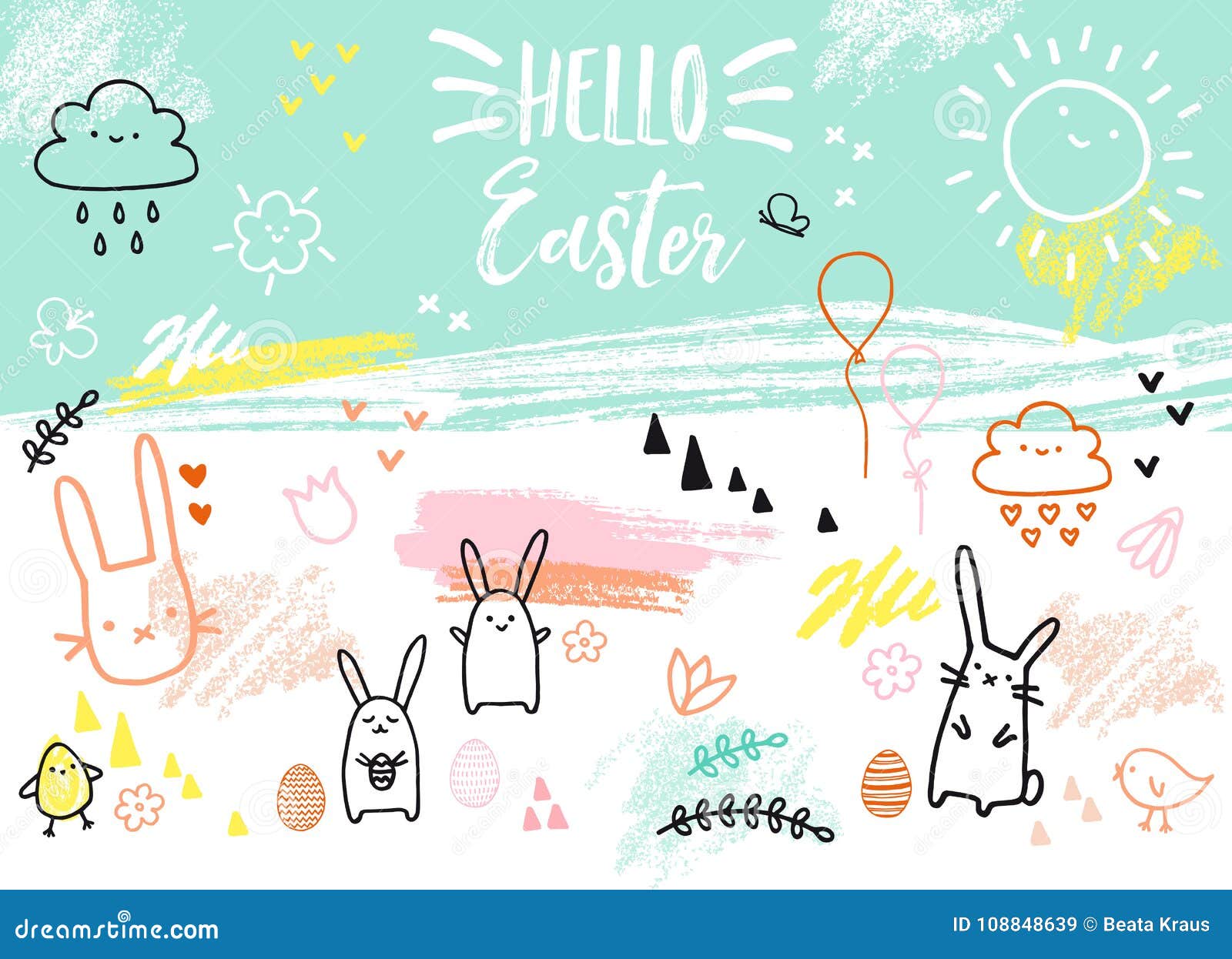 Hand-drawn Easter Card with Bunnies, Vector Stock Vector - Illustration ...