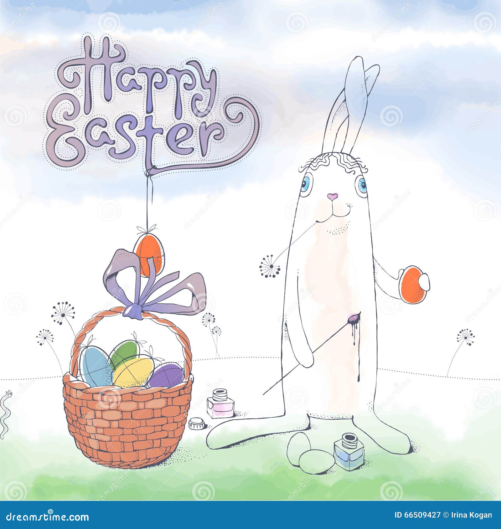 Hand Drawn Easter Greeting Card in Vector Format. Easter Bunny Stock ...