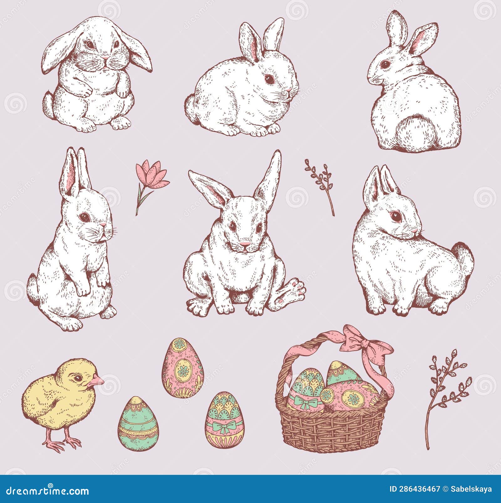 Hand Drawn Easter Holidays Elements - Rabbit, Eggs and Chick, Sketch ...