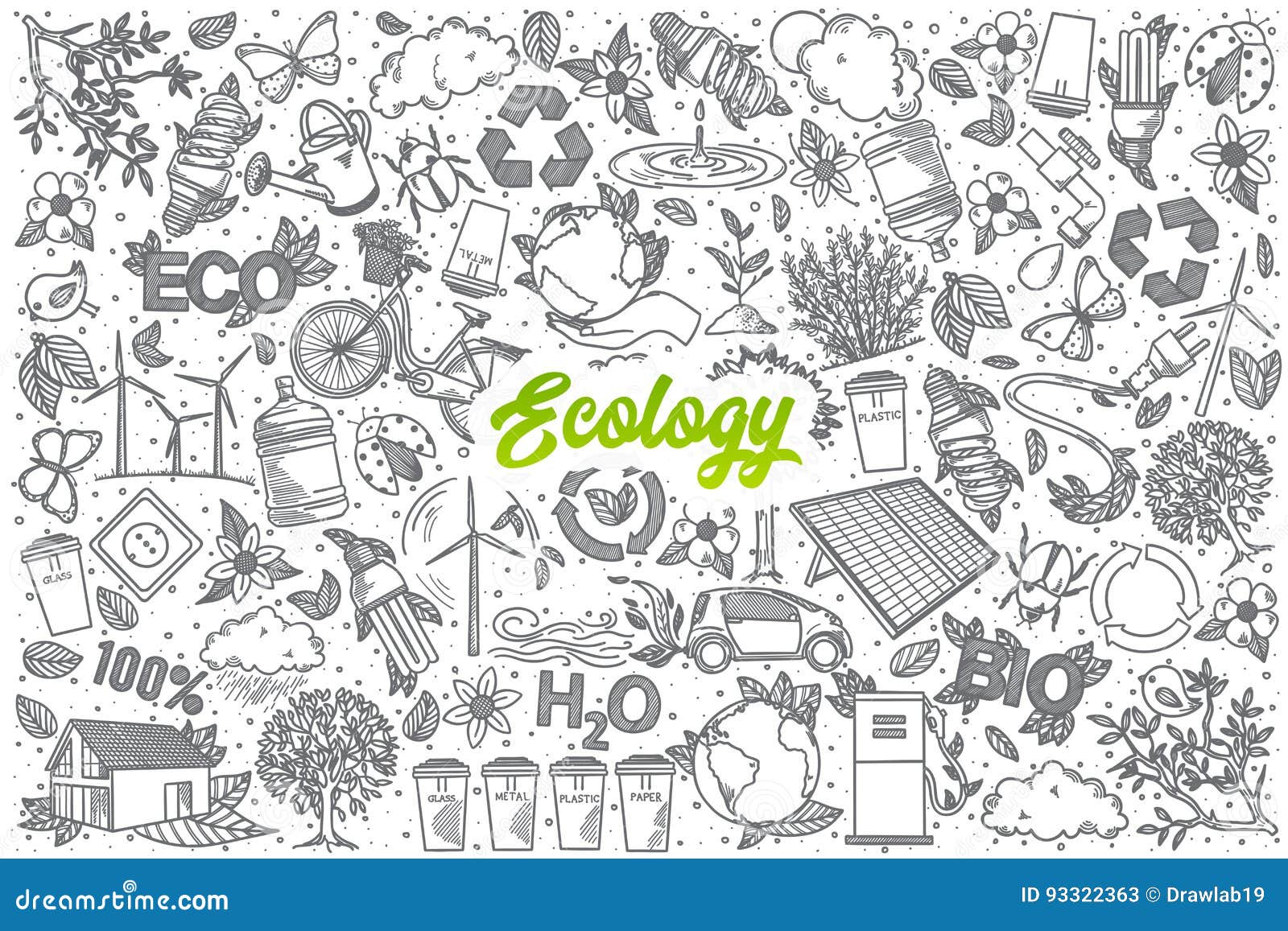 Hand Drawn Ecology Doodle Set with Lettering Stock Vector ...