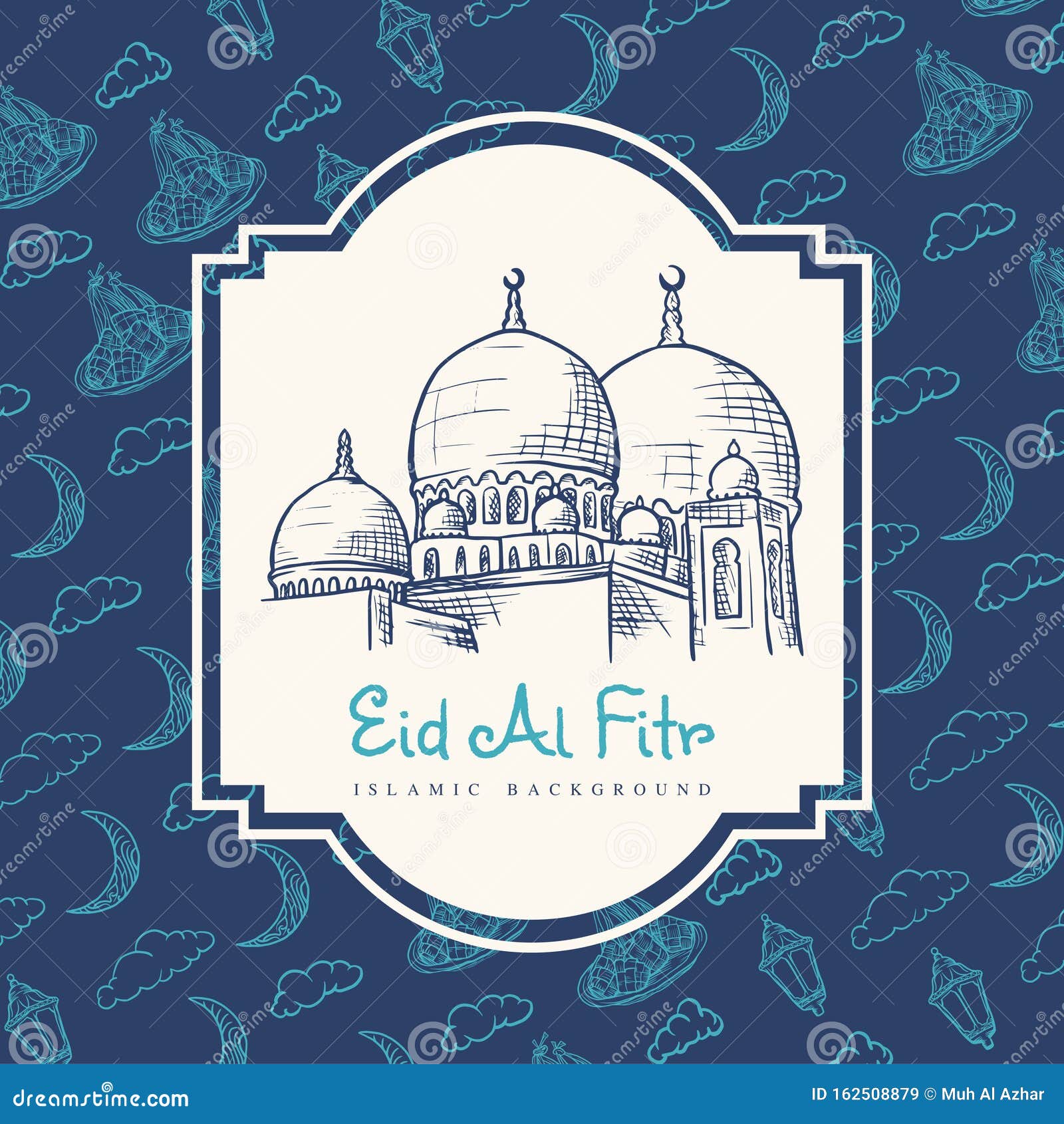 Hand Drawn Eid Al Fitr Islamic Greeting with Mosque and Blue Pattern ...