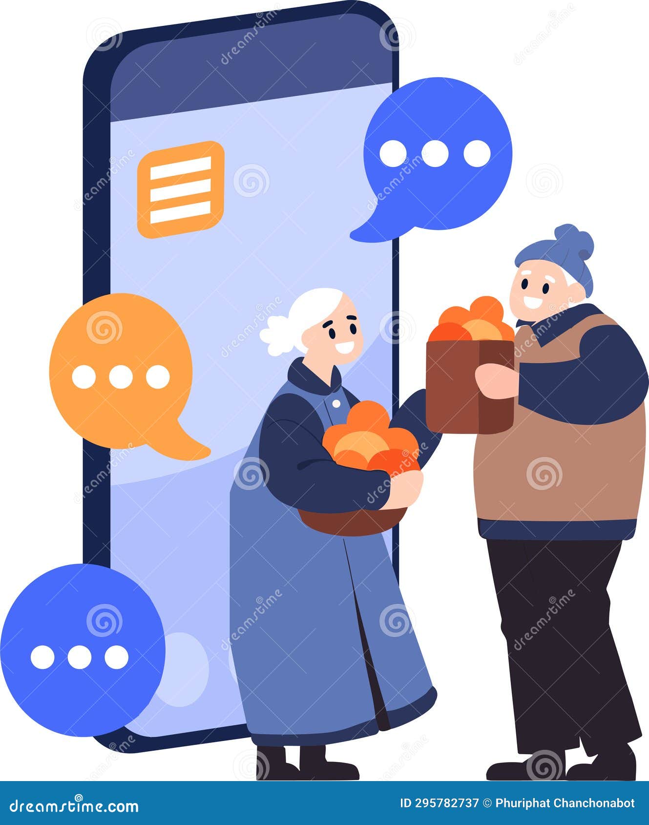 Hand Drawn Elderly Characters Talk through Smartphones in Flat Style ...