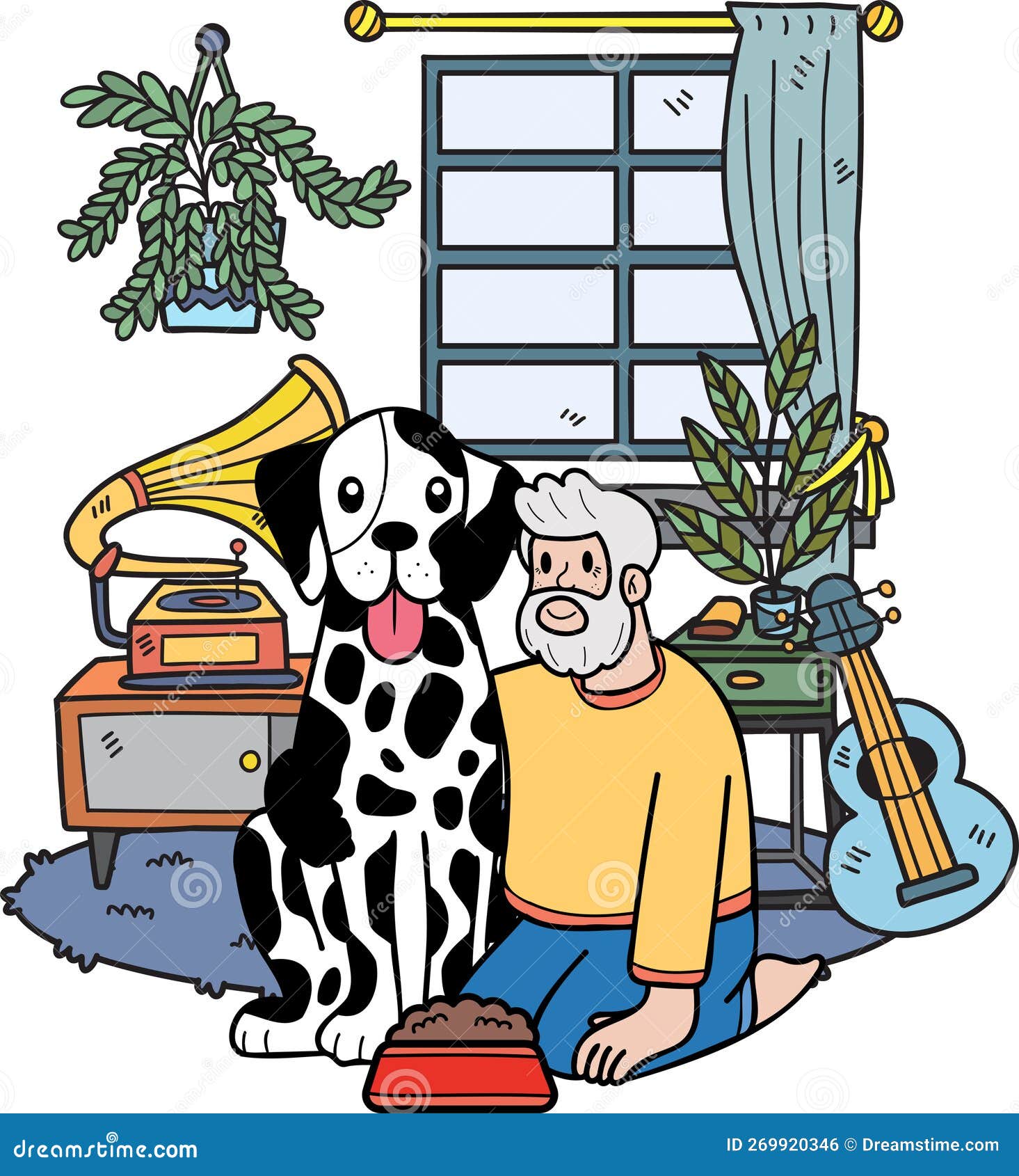Hand Drawn Elderly Feed the Dog Illustration in Doodle Style Stock ...